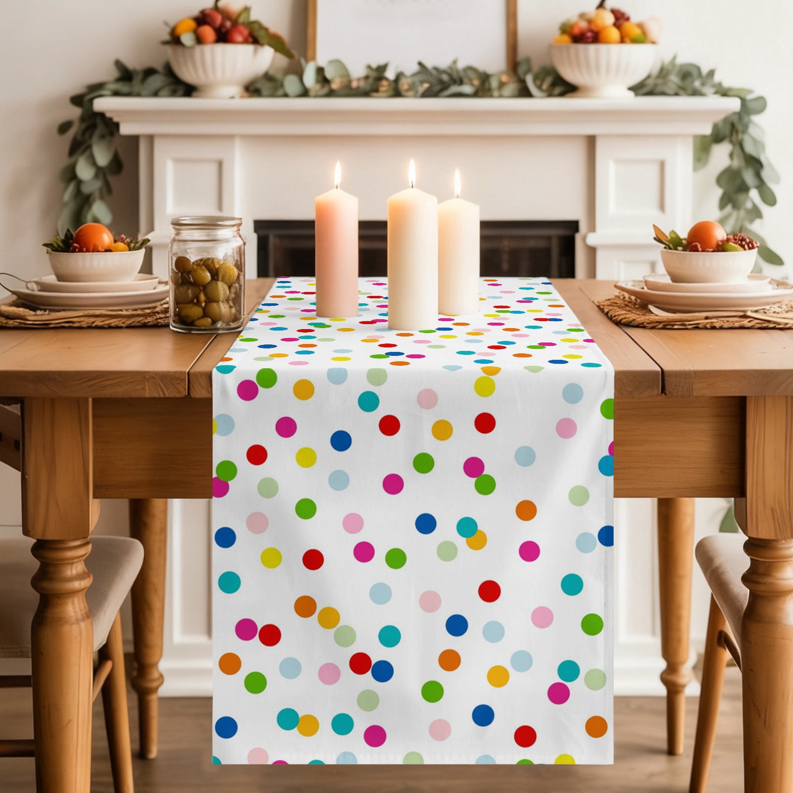 Polka Dots Table Runner 13x70 Inch Abstract Minimalist Pink Blue Yellow ...