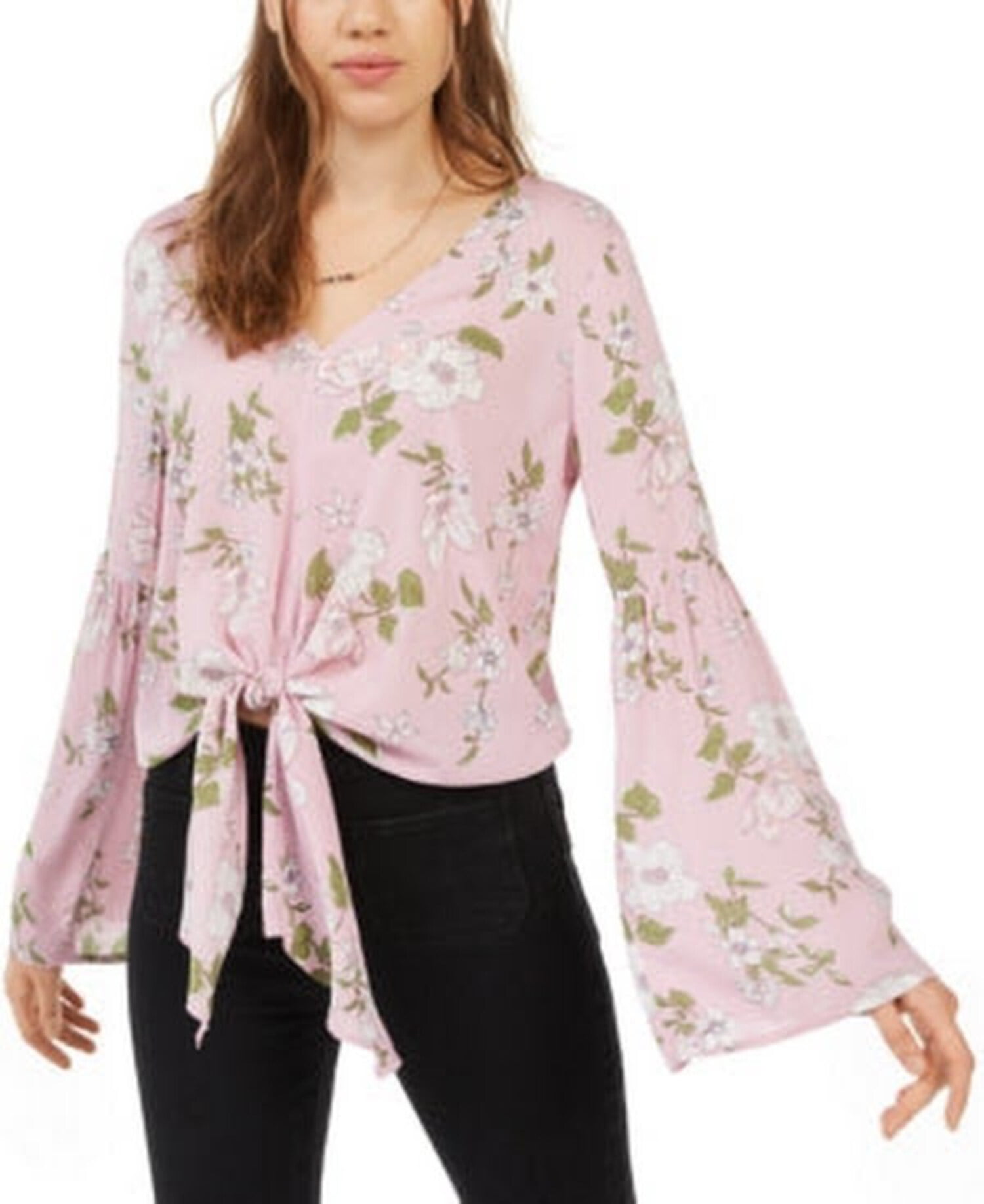 Polly & Esther Juniors Tie-Front Bell-Sleeve Top: M/ Pink - Walmart.com