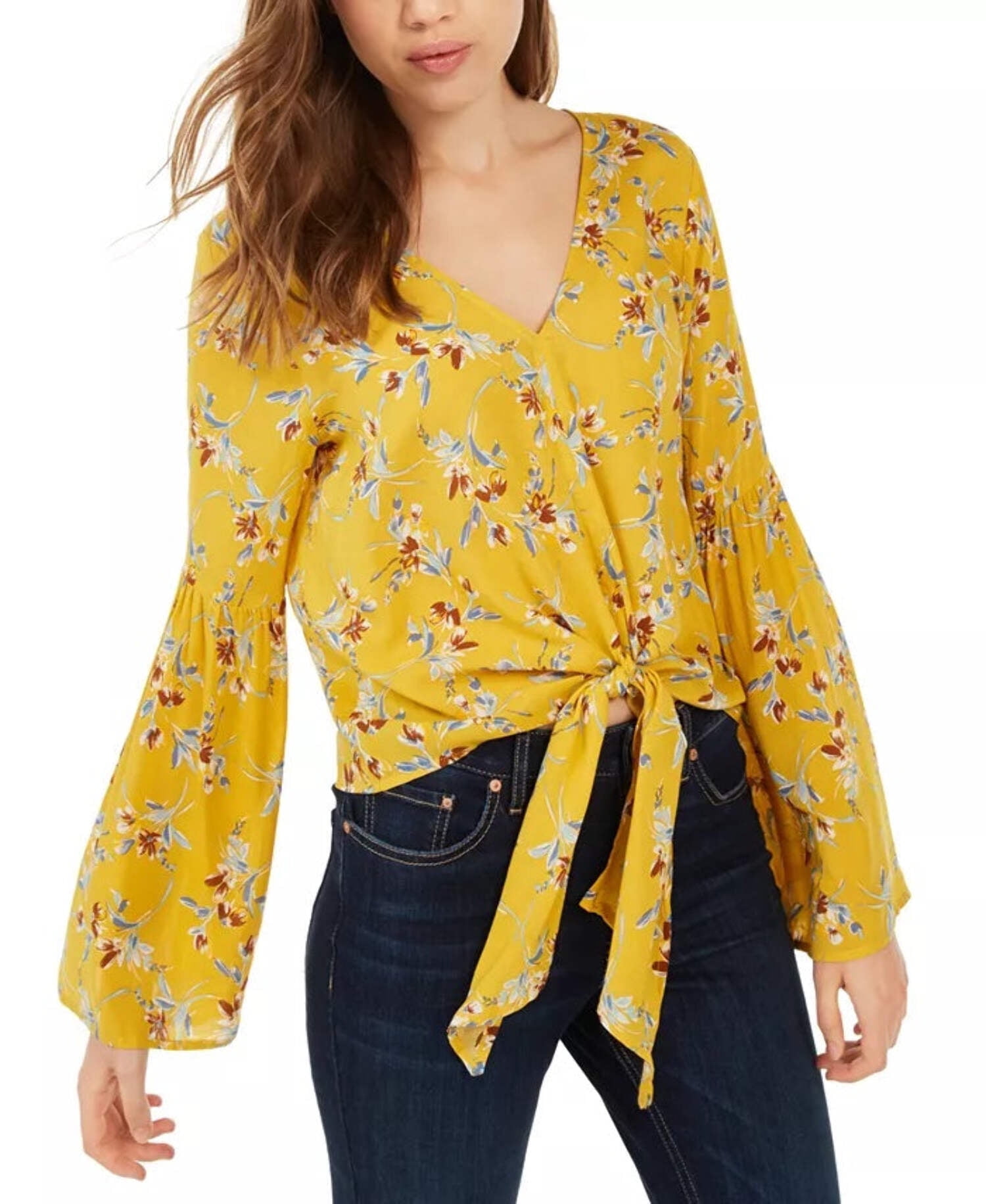 Polly & Esther Juniors Tie-Front Bell-Sleeve Top Title: S/Mustard ...