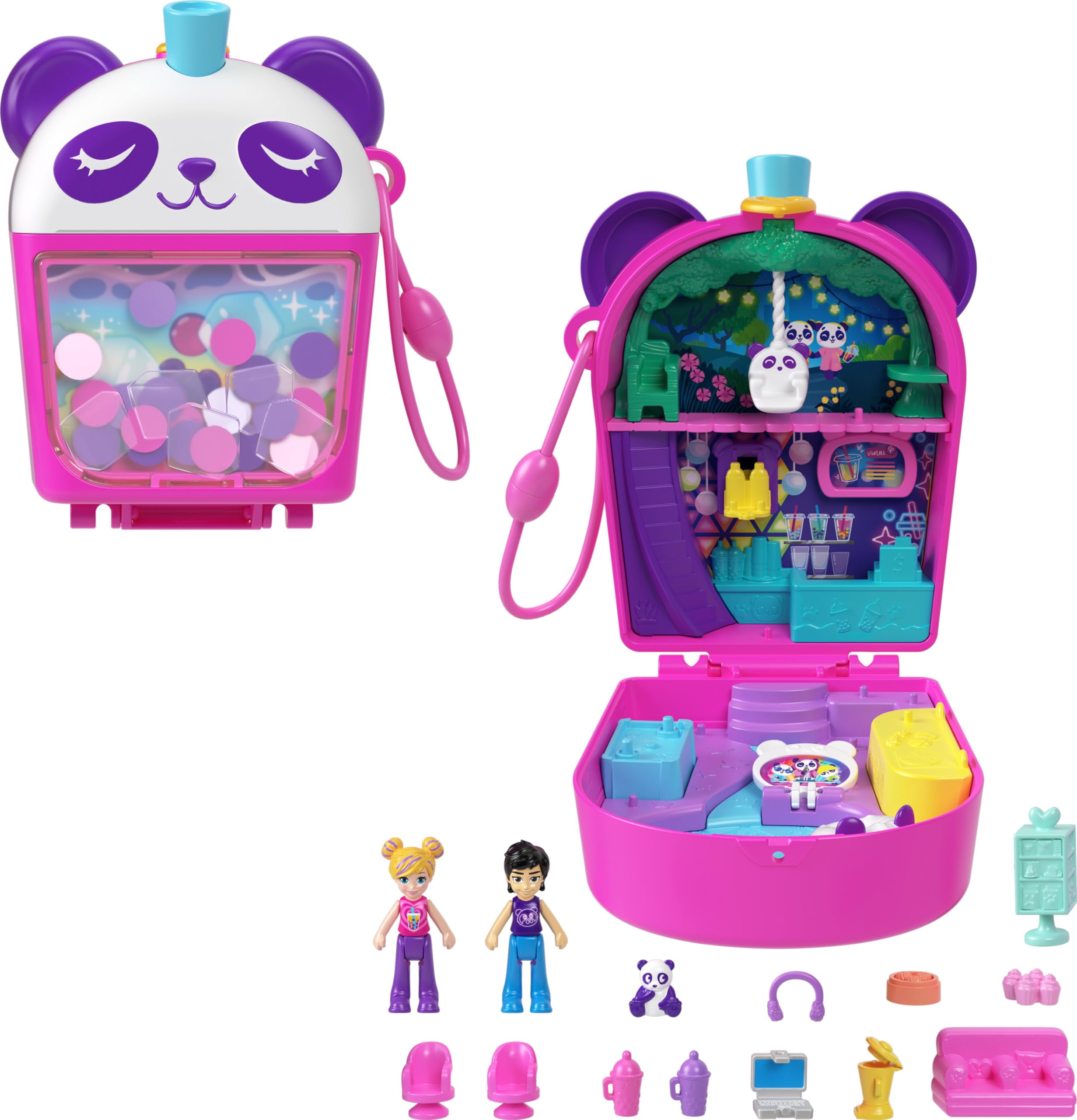 Polly Pocket Dolls & Playset, Bubble Tea Panda Compact, Animal Toy with ...