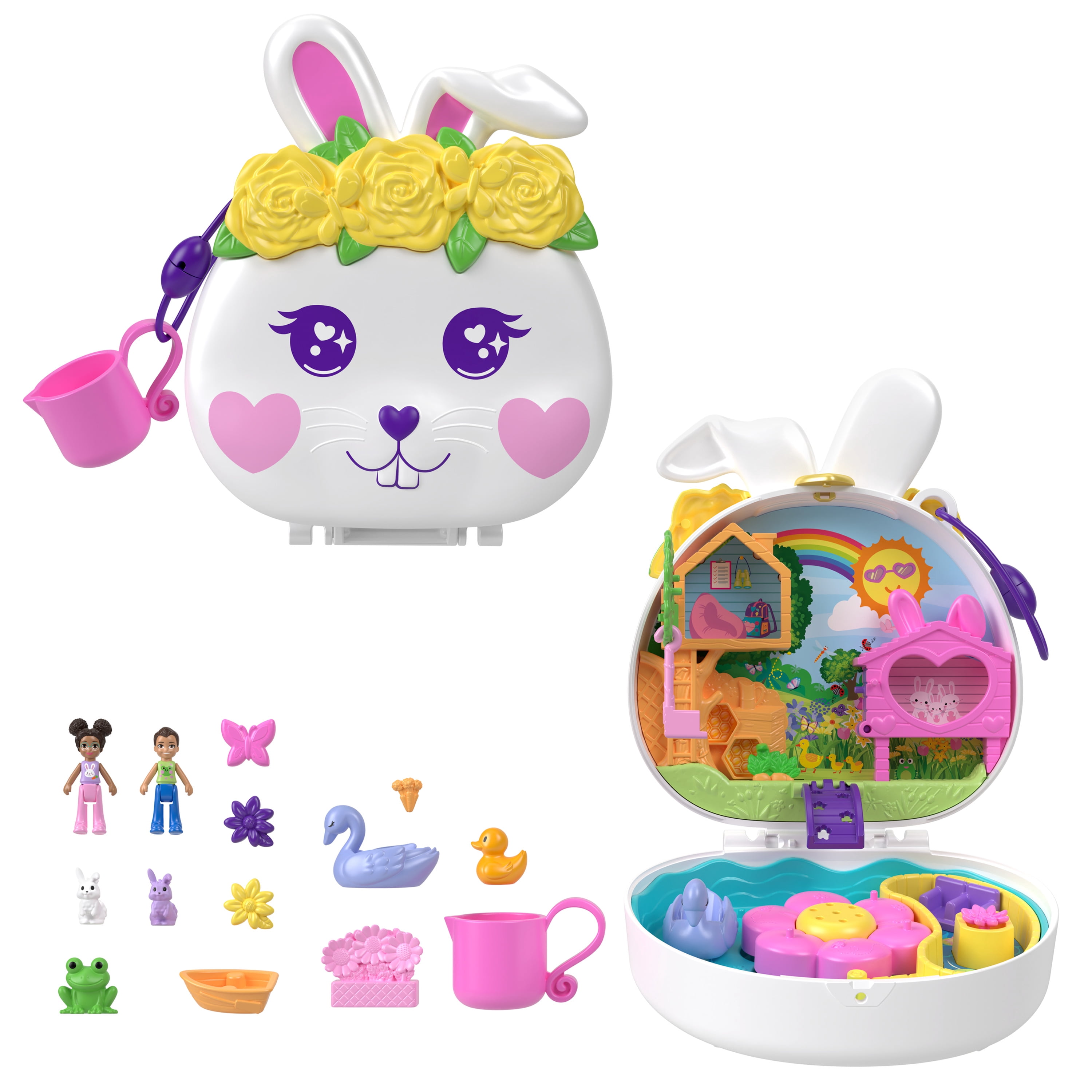 Polly Pocket Flower Garden Bunny Compact Playset with 2 Micro Dolls, 12 ...