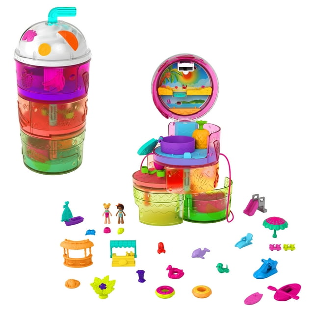 Polly Pocket Spin 'n Surprise Compact Playset with 2 Micro Dolls & 25 Accessories, Waterpark ...