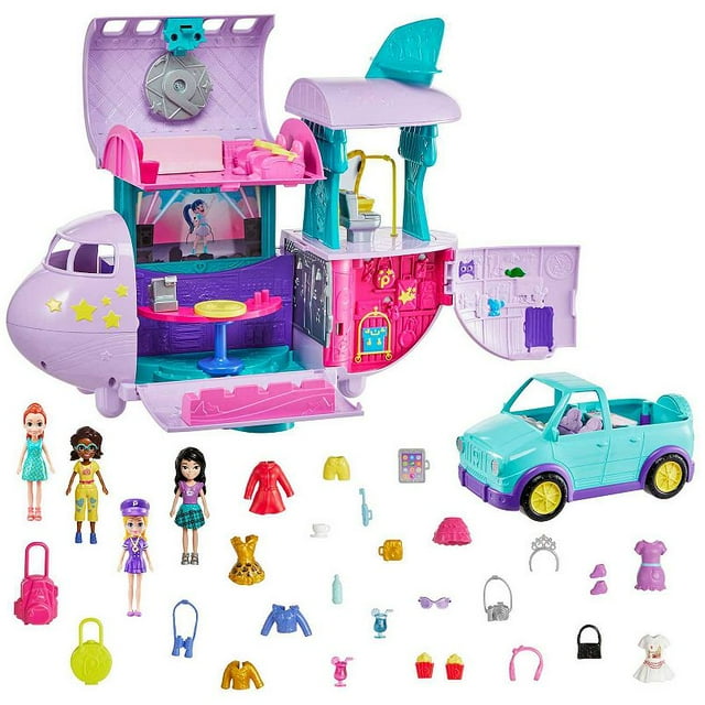 Polly Pocket Travel Adventures Pack, Four 3-inch Dolls, Jet, Vehicle ...