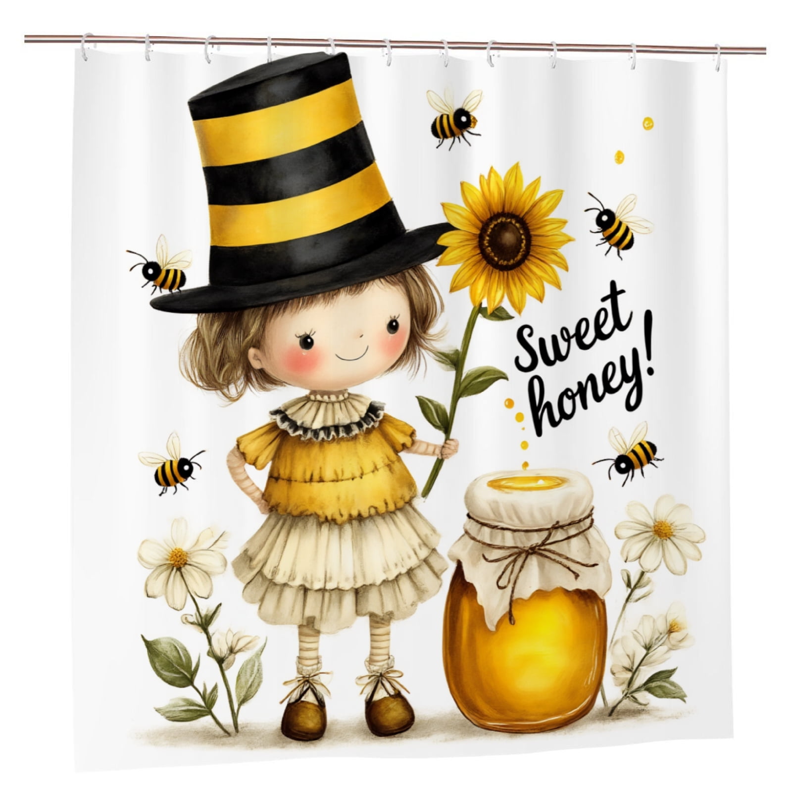 Polly and Bee Sweet Honey Polyester Shower Curtain with Sunflowers and Honey Jar for Spring ...