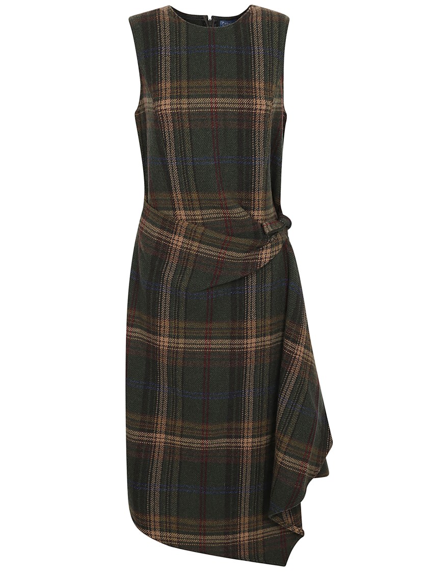 Polo Ralph Lauren Female Plaid Midi Dress With Asymmetrical Draping And Elegant Silhouette Green ...