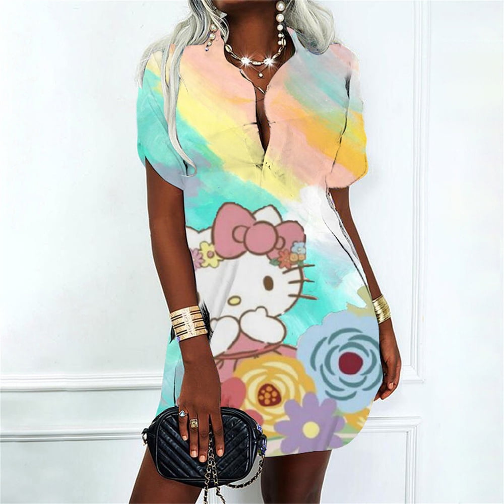 Polo Shirt Woman Clothing Hello Kitty Female Dress Streetwear Party ...