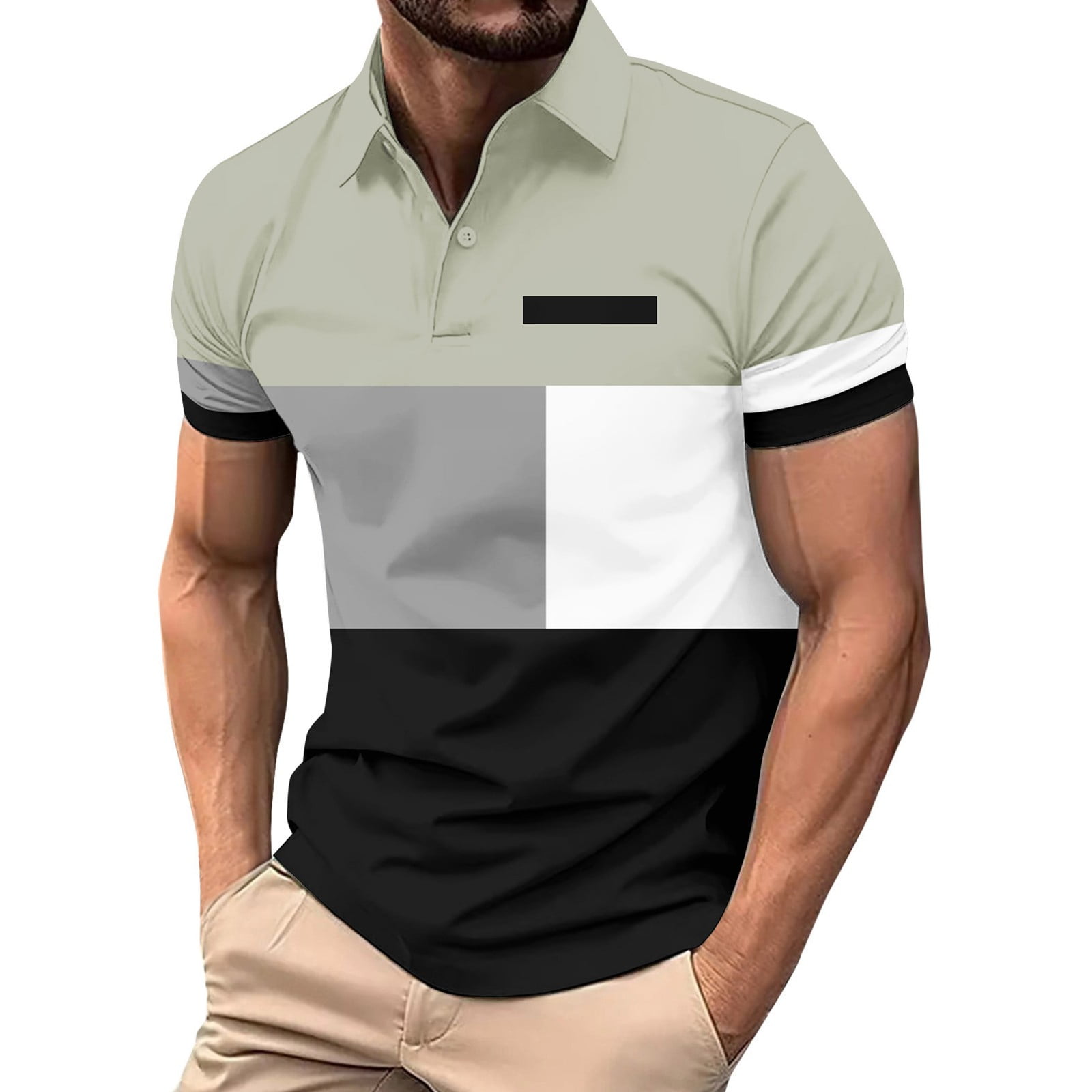 Polo Shirts for Man Color Block Design Short Sleeve Button Polo Summer ...
