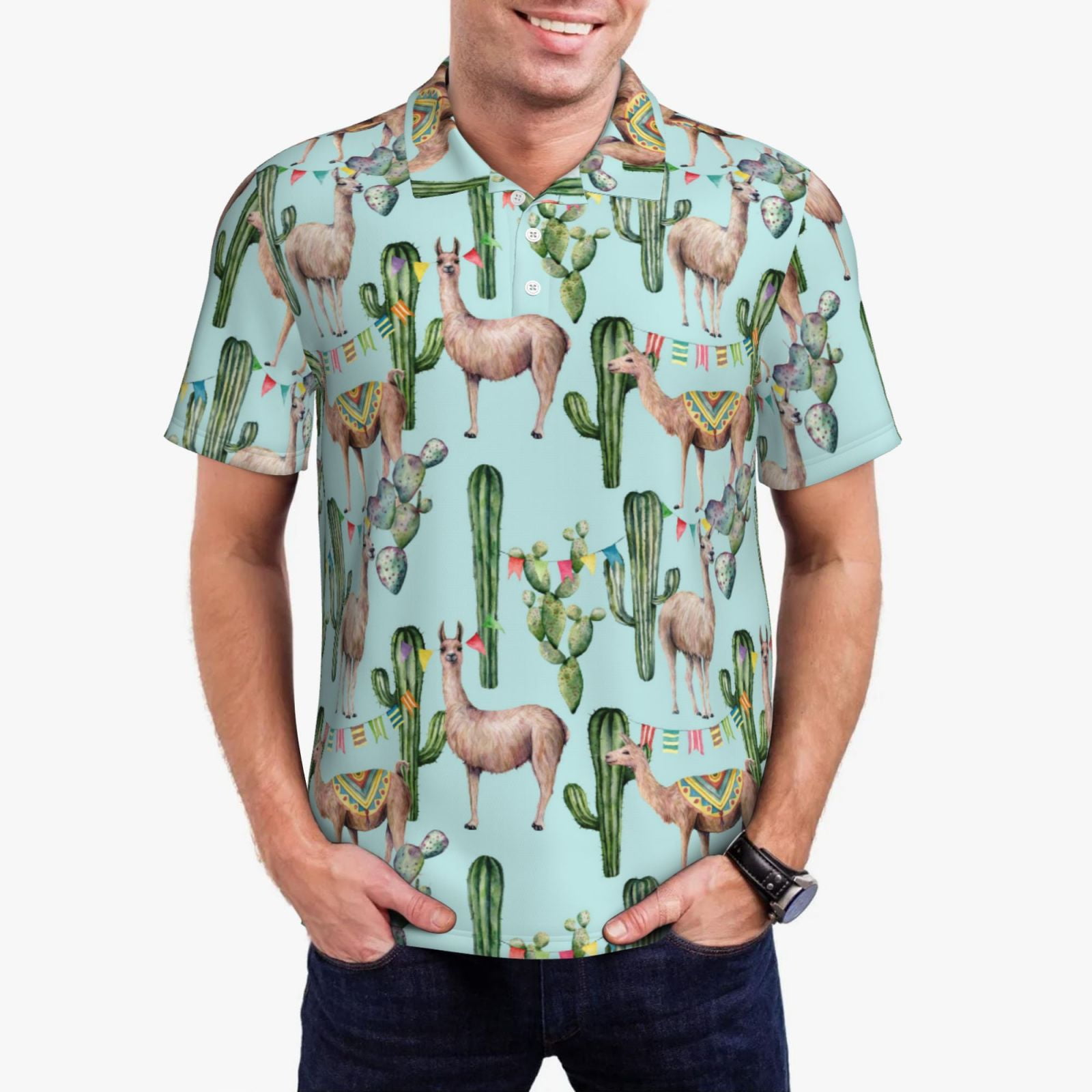Polo Shirts for Men - Alpaca llama cactus flag green Soft Comfort ...