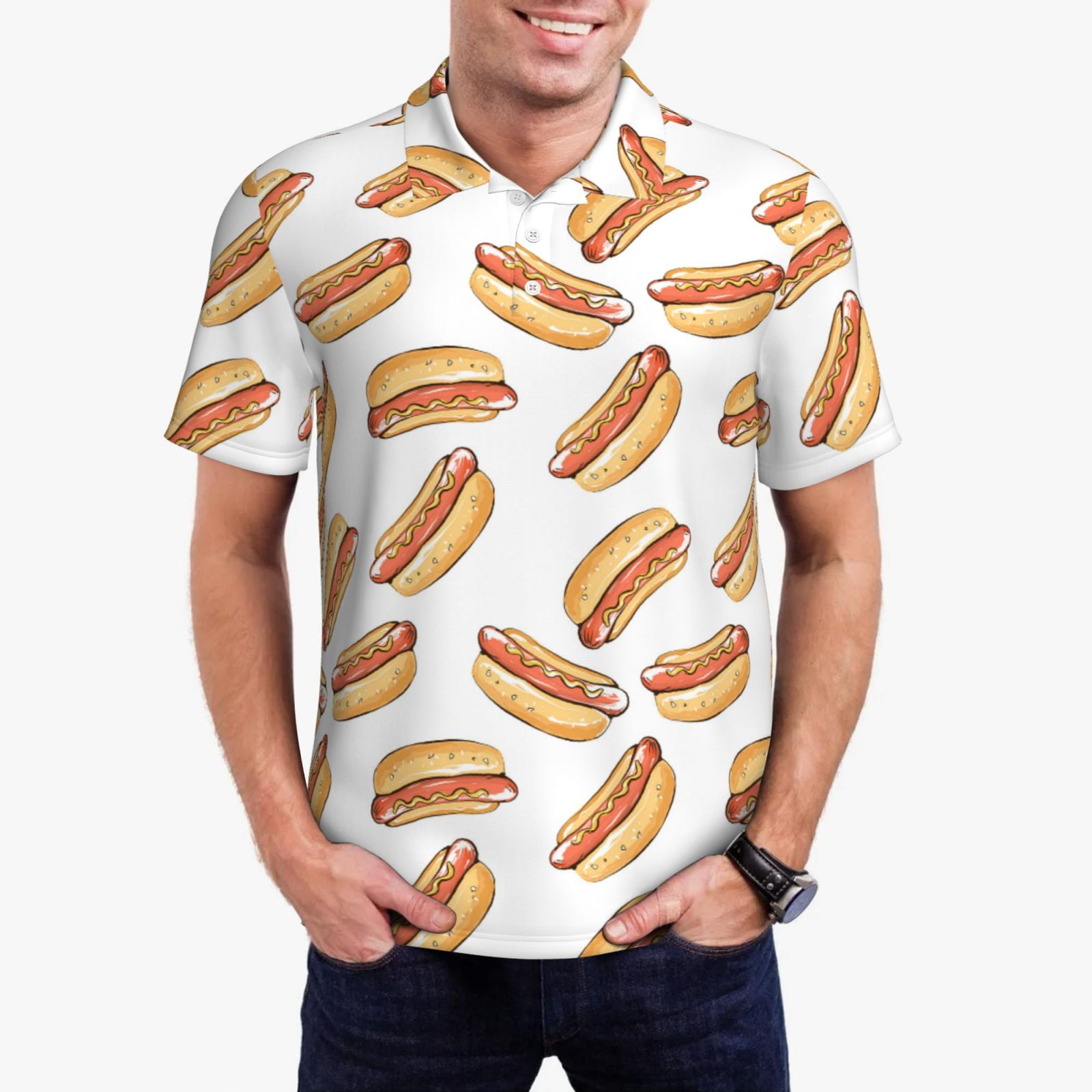 Polo Shirts for Men - Cartoon Hot Dog Print White Soft Comfort Breathable Casual Mens Polo ...