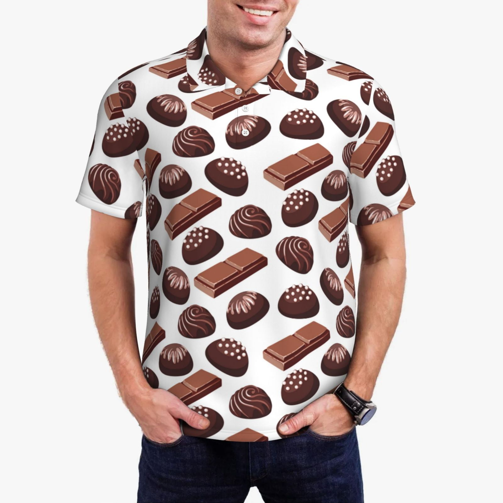 Polo Shirts for Men - Chocolate Print Brown White Soft Comfort ...