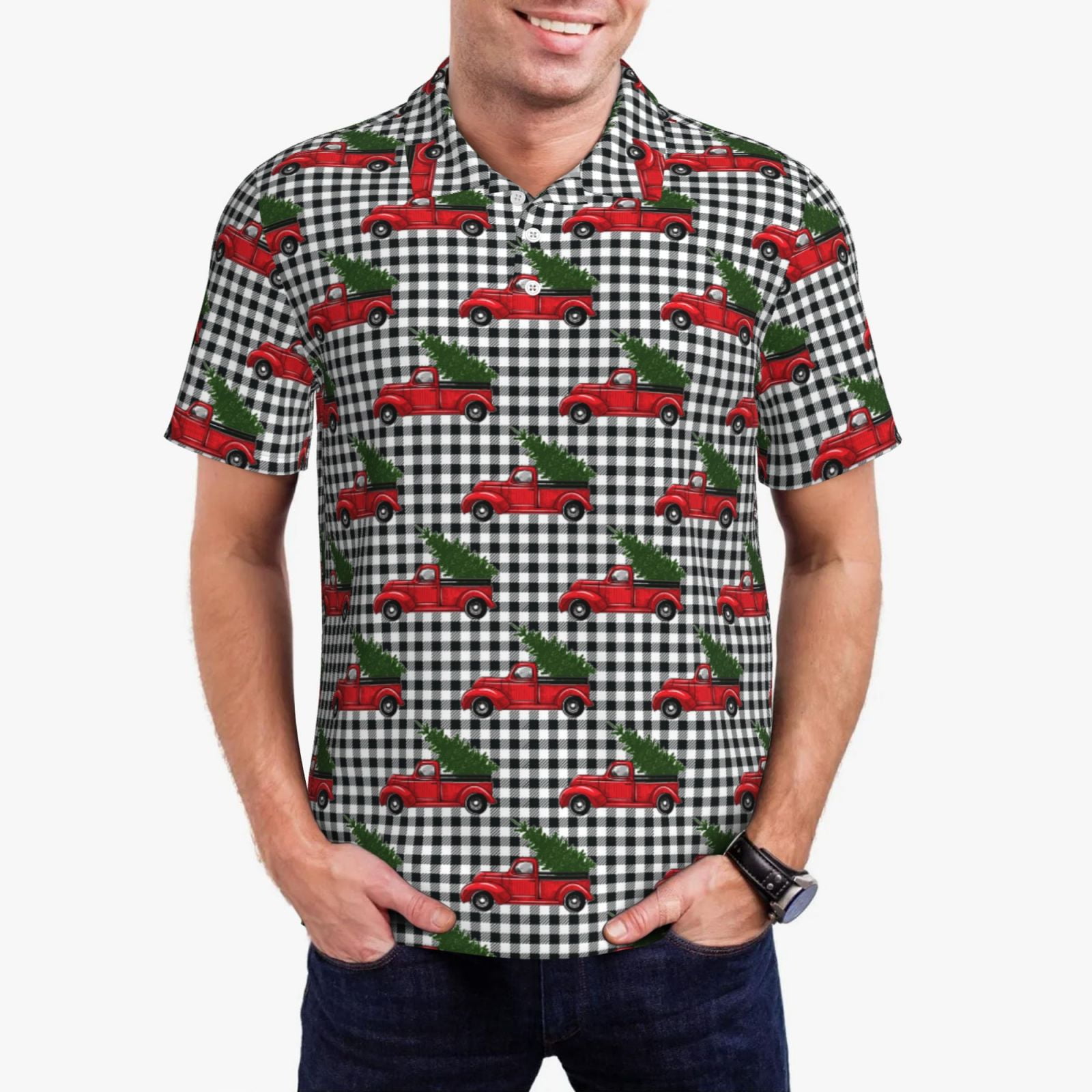 Polo Shirts for Men - Christmas red truck tree Buffalo Plaid Soft ...