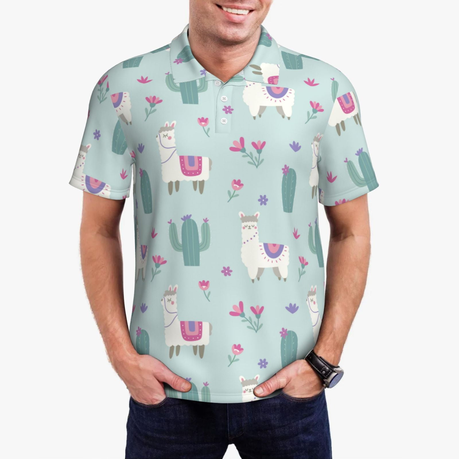 Polo Shirts for Men - Cute Alpaca Cactus Plant Flowers Soft Comfort ...