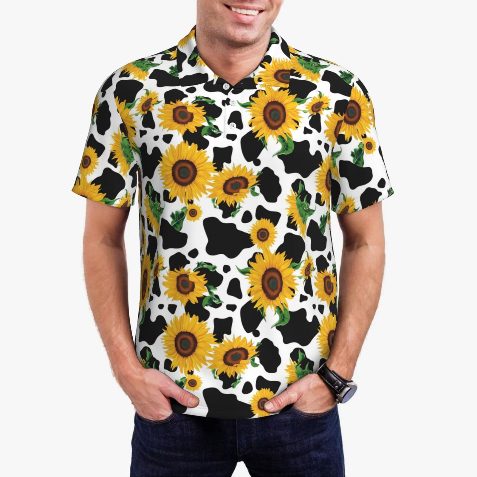 Polo Shirts for Men - Cute Cow Print Sunflower D Soft Comfort ...