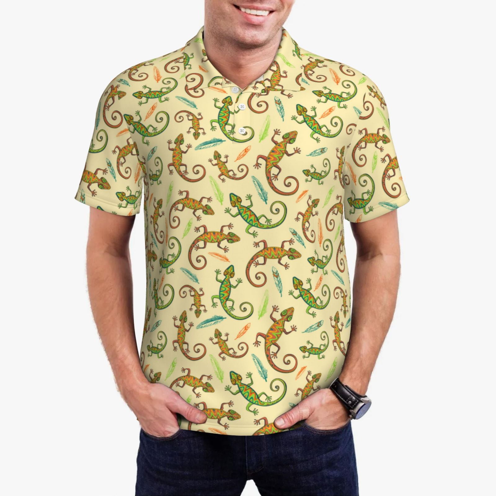 Polo Shirts for Men - Cute Gecko Lizard Feathers Soft Comfort ...