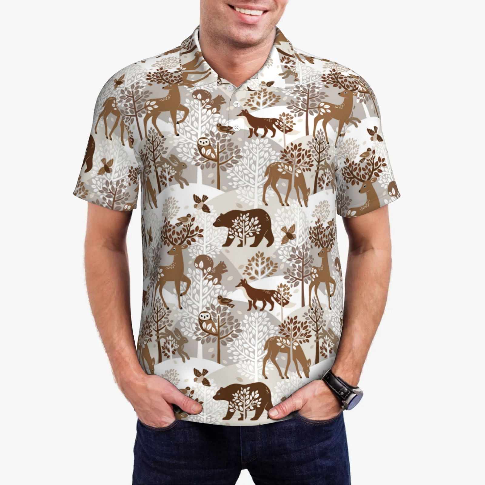 Polo Shirts for Men - Deer Bear Fox Owl Rabbit Bird Tree Soft Comfort ...