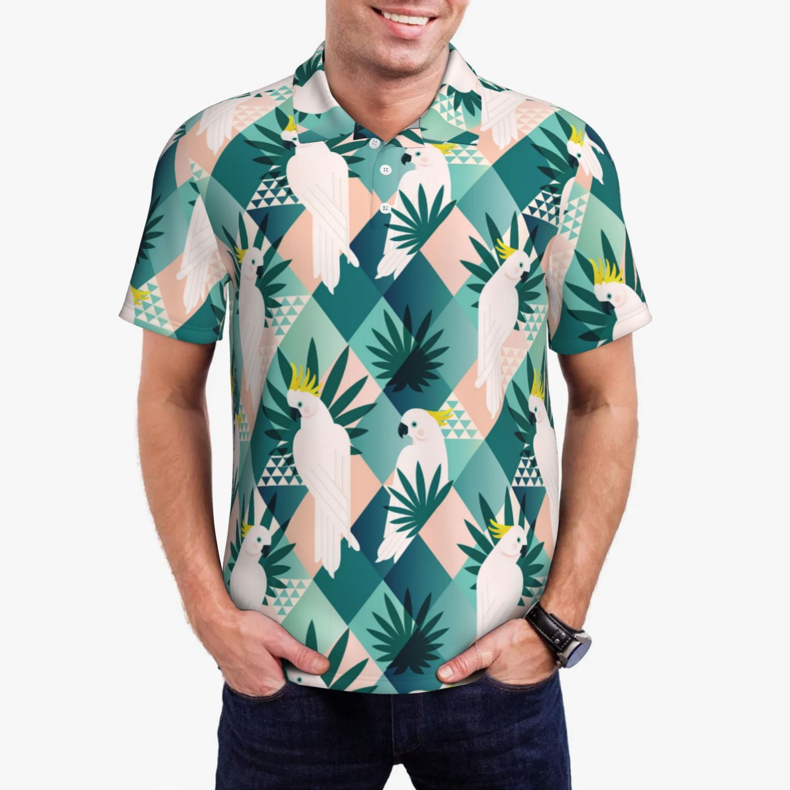 Polo Shirts for Men - Exotic Cockatoo Parrot White Soft Comfort ...