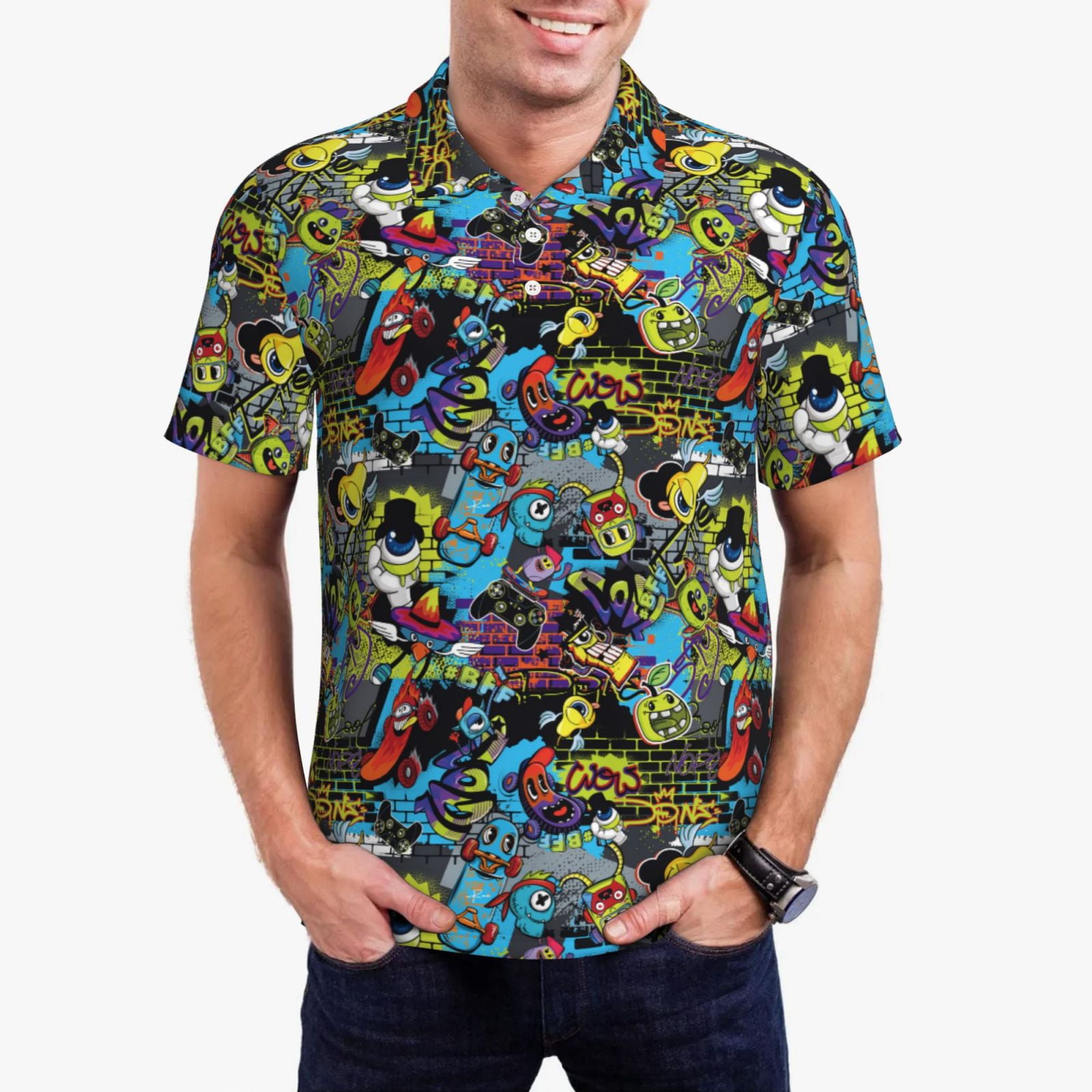 Polo Shirts for Men - Modern Graffiti Q Version Eyes Soft Comfort ...