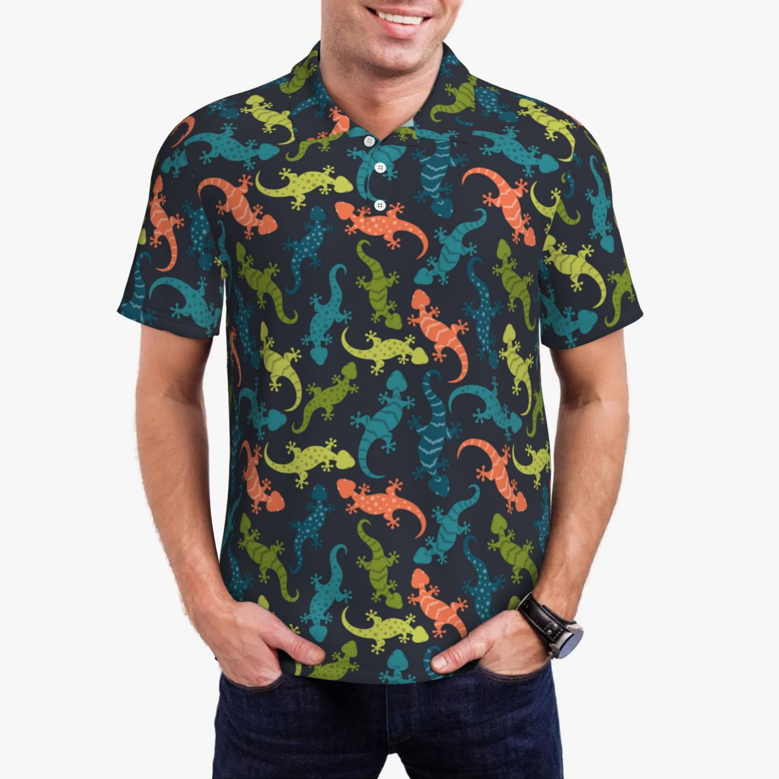 Polo Shirts for Men - Multicolor Cute Lizard Gecko Soft Comfort ...