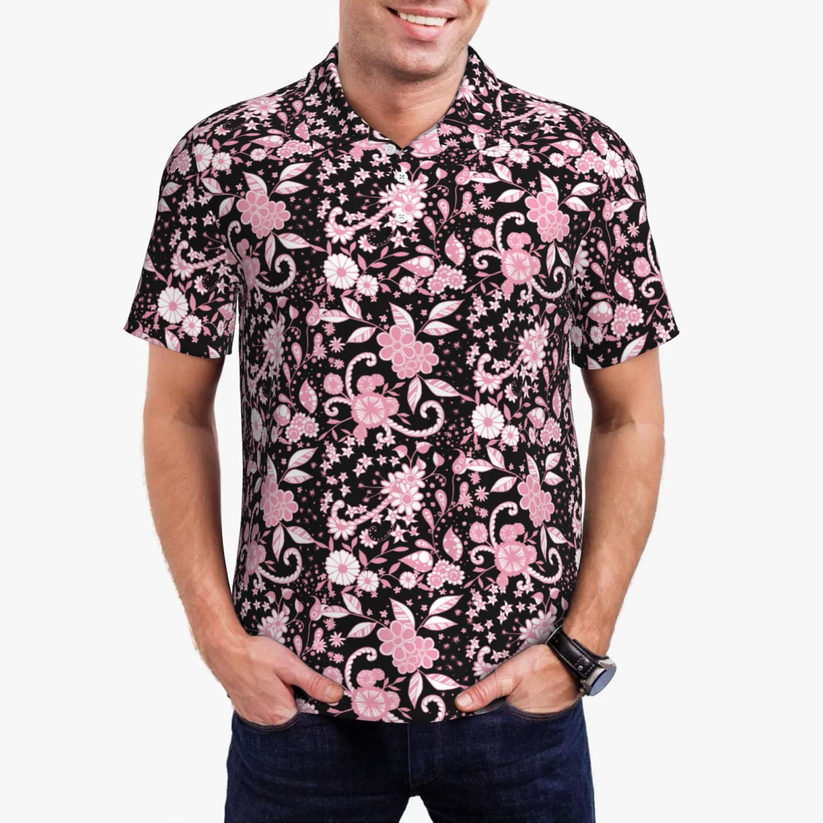 Polo Shirts for Men - Pink Leaves Daisies Flowers Soft Comfort ...