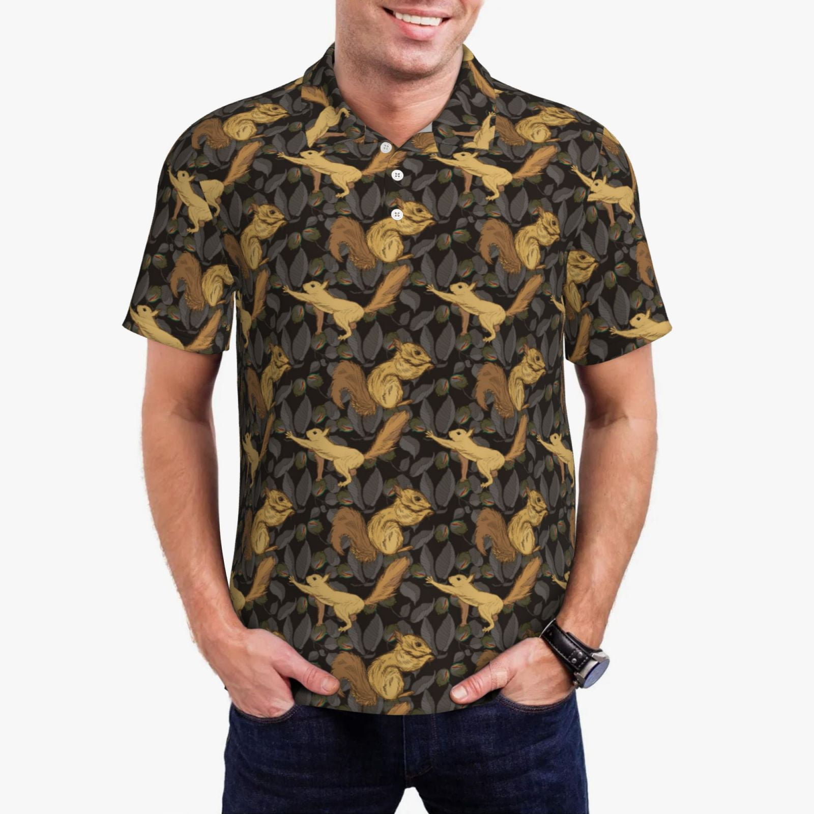 Polo Shirts for Men - Rustic Hand Drawn Cute Squirrel Soft Comfort ...