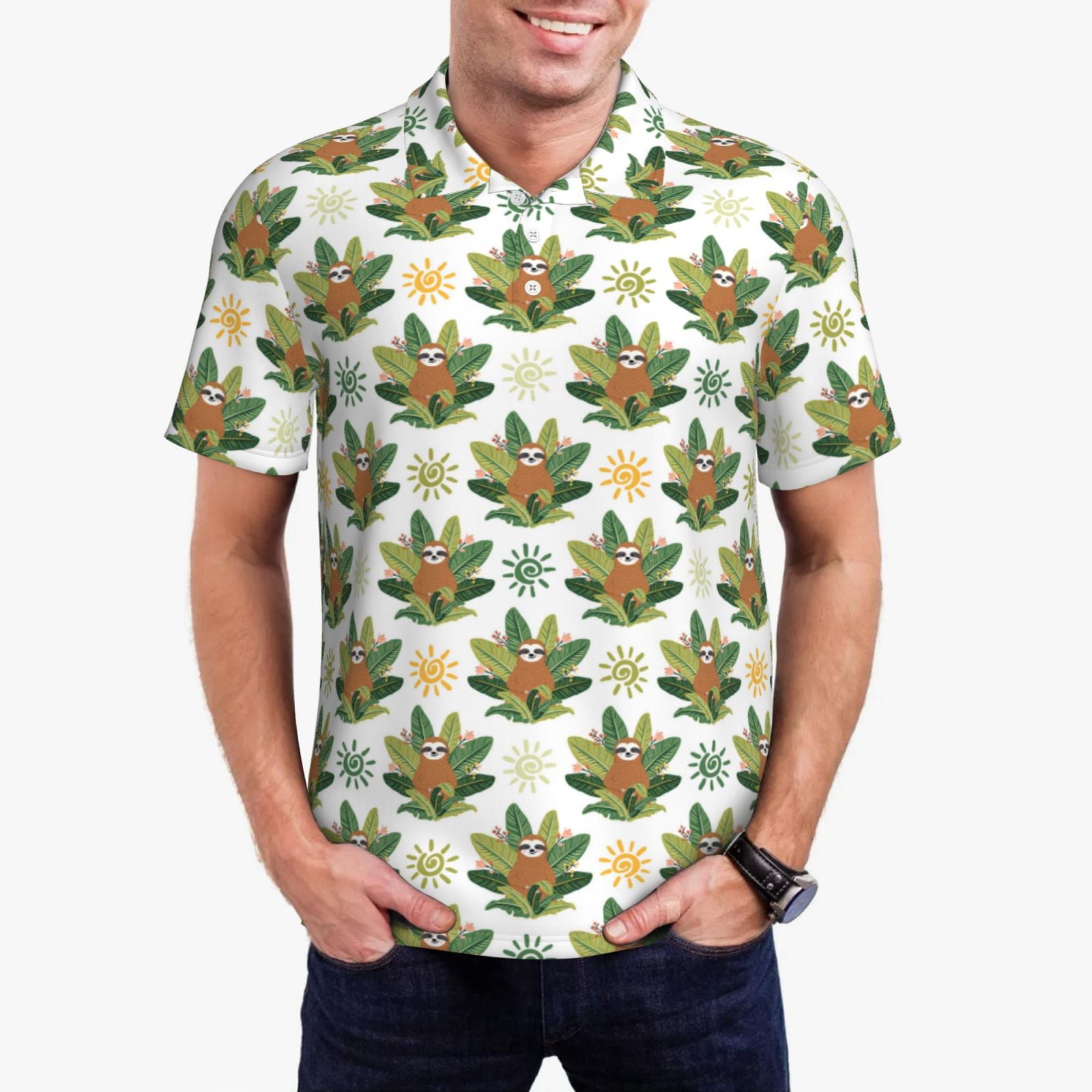 Polo Shirts for Men - Sloth Sitting Tropical Leaves Soft Comfort ...