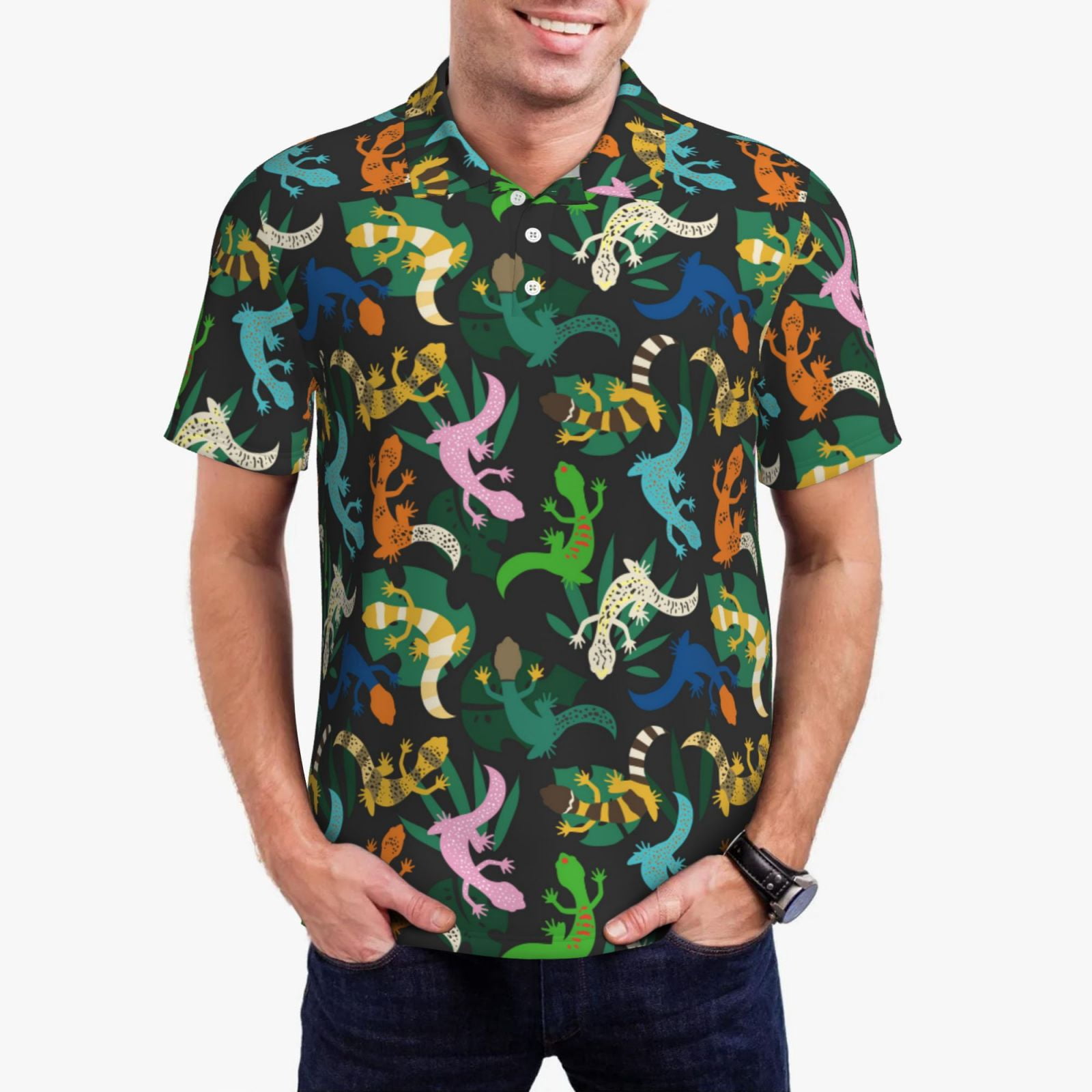 Polo Shirts for Men - Striped Cute Lizard Gecko Plant_A Soft Comfort ...