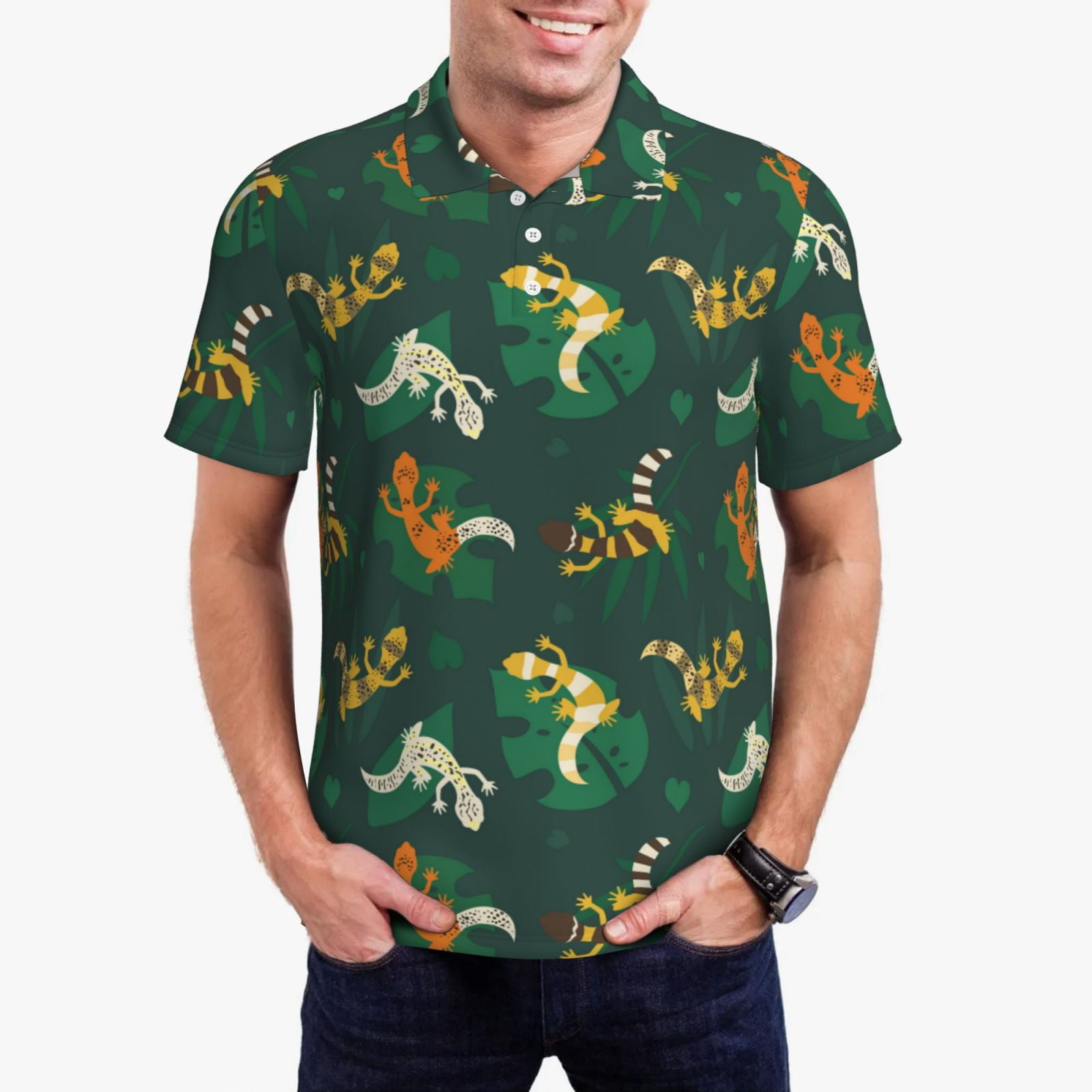 Polo Shirts for Men - Striped Cute Lizard Gecko Plant Soft Comfort ...