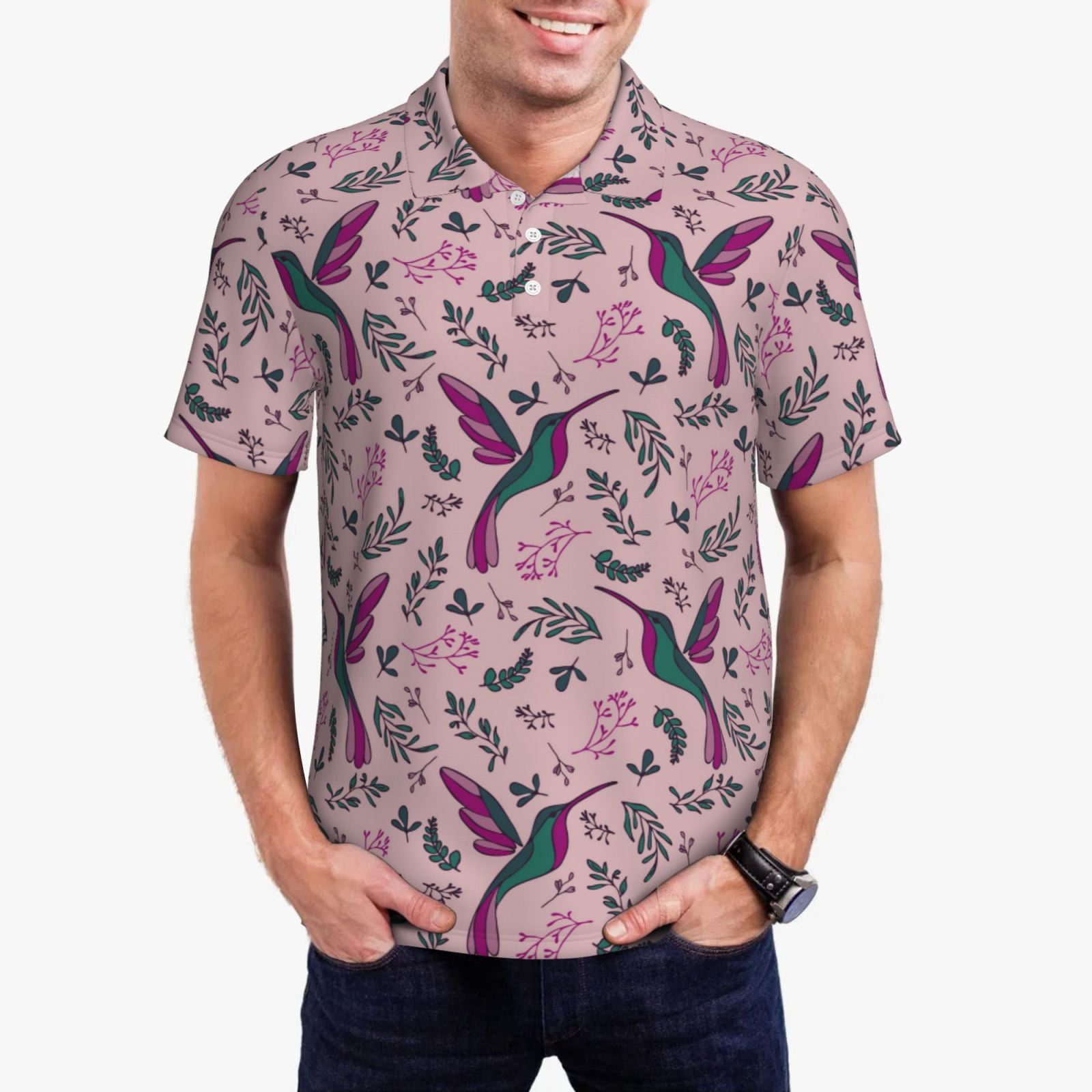 Polo Shirts for Men - Traditional Hummingbird Print Soft Comfort ...