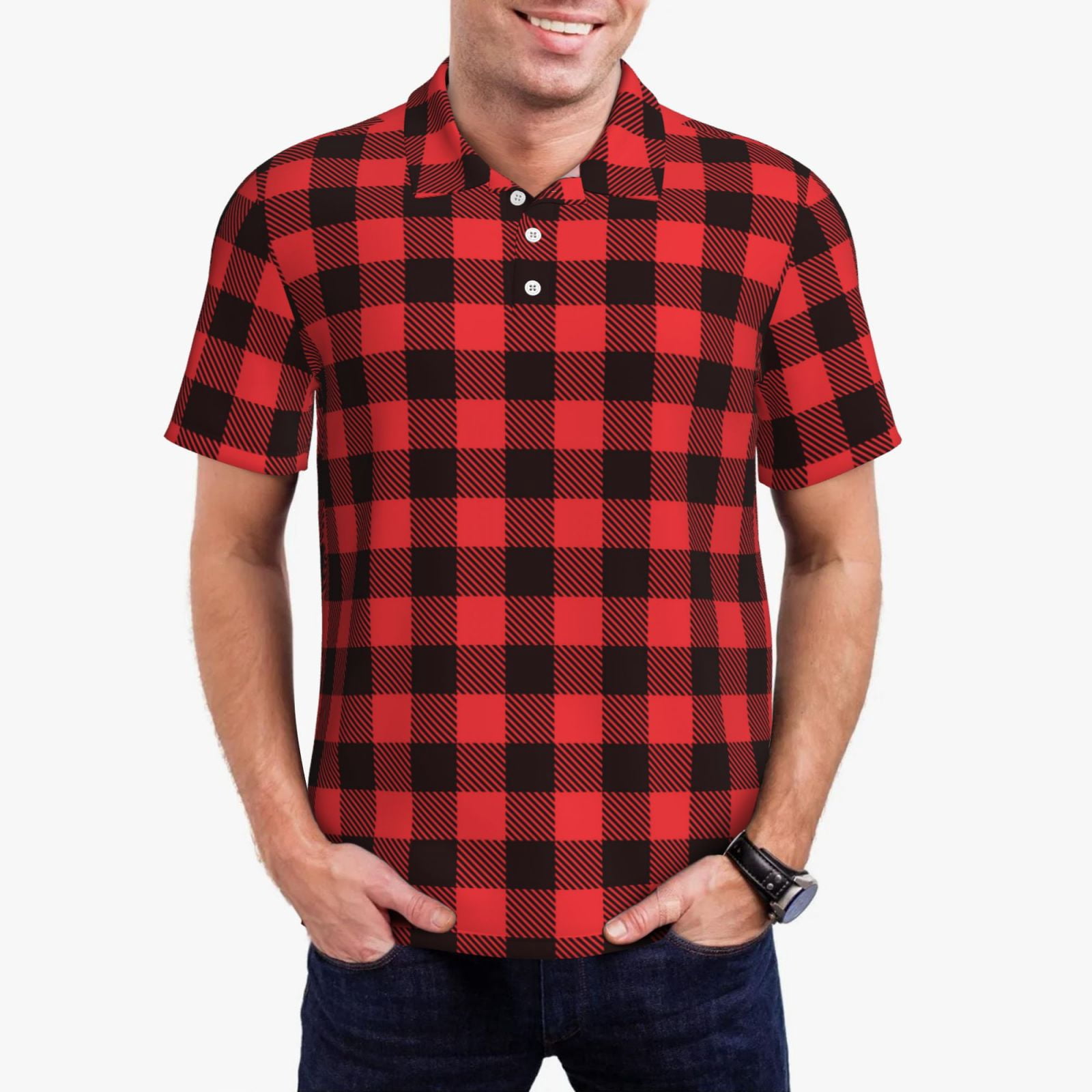 Polo Shirts for Men - black red buffalo plaid Checkered Soft Comfort ...