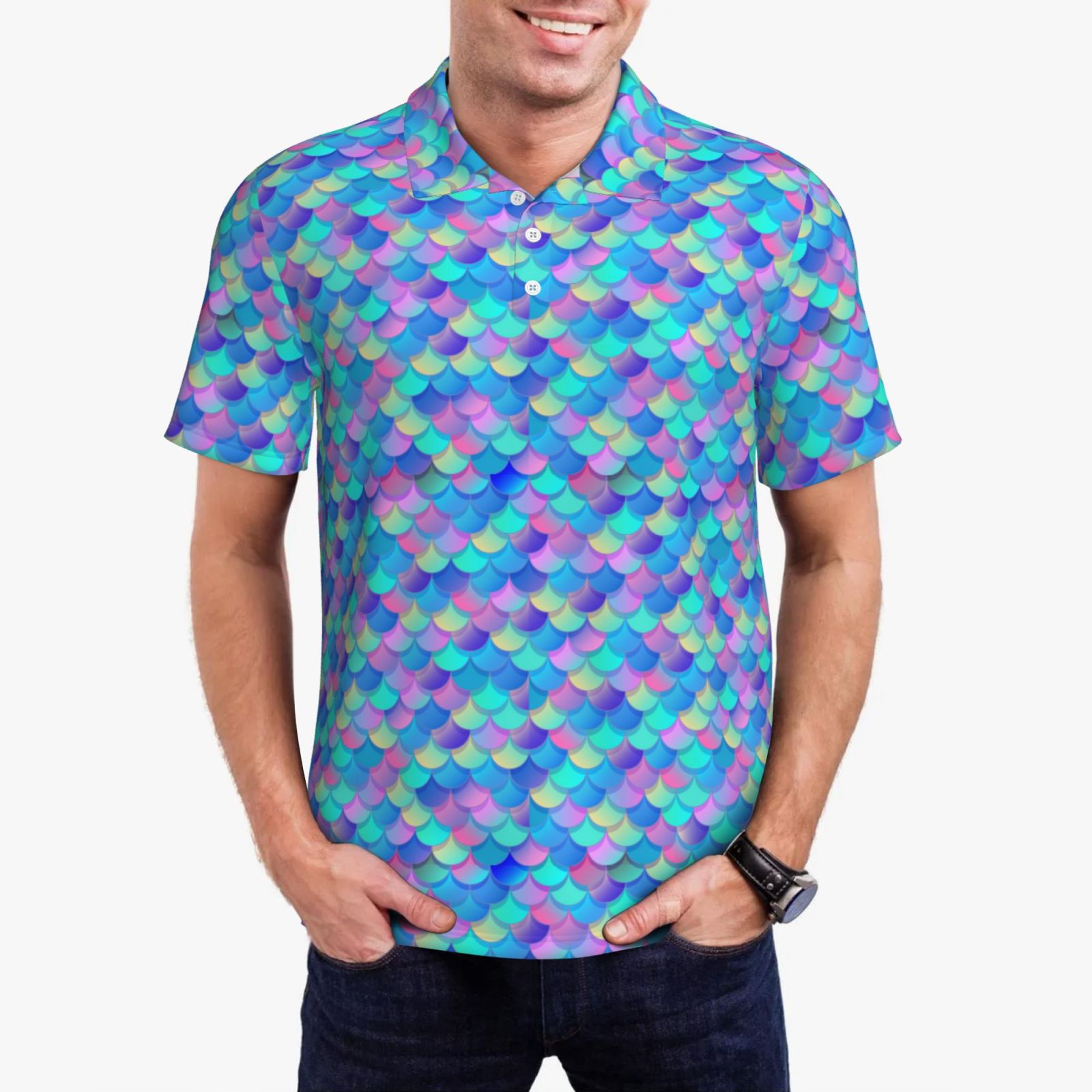 Polo Shirts for Men - blue purple Rainbow fish scale Soft Comfort ...