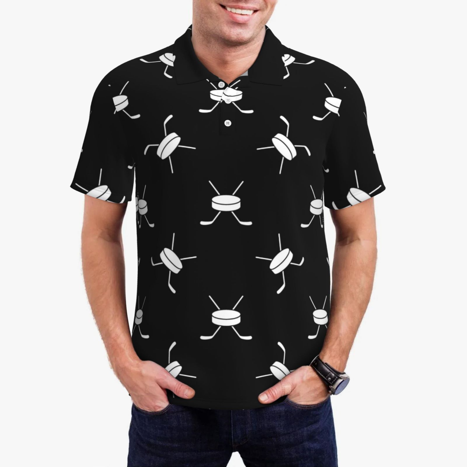 Polo Shirts for Men - cool hockey Stick puck black white Soft Comfort ...