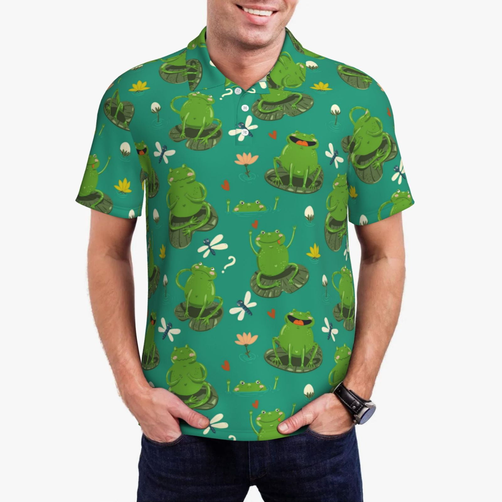 Polo Shirts for Men - cute frogs dragonfly Lily green Soft Comfort ...
