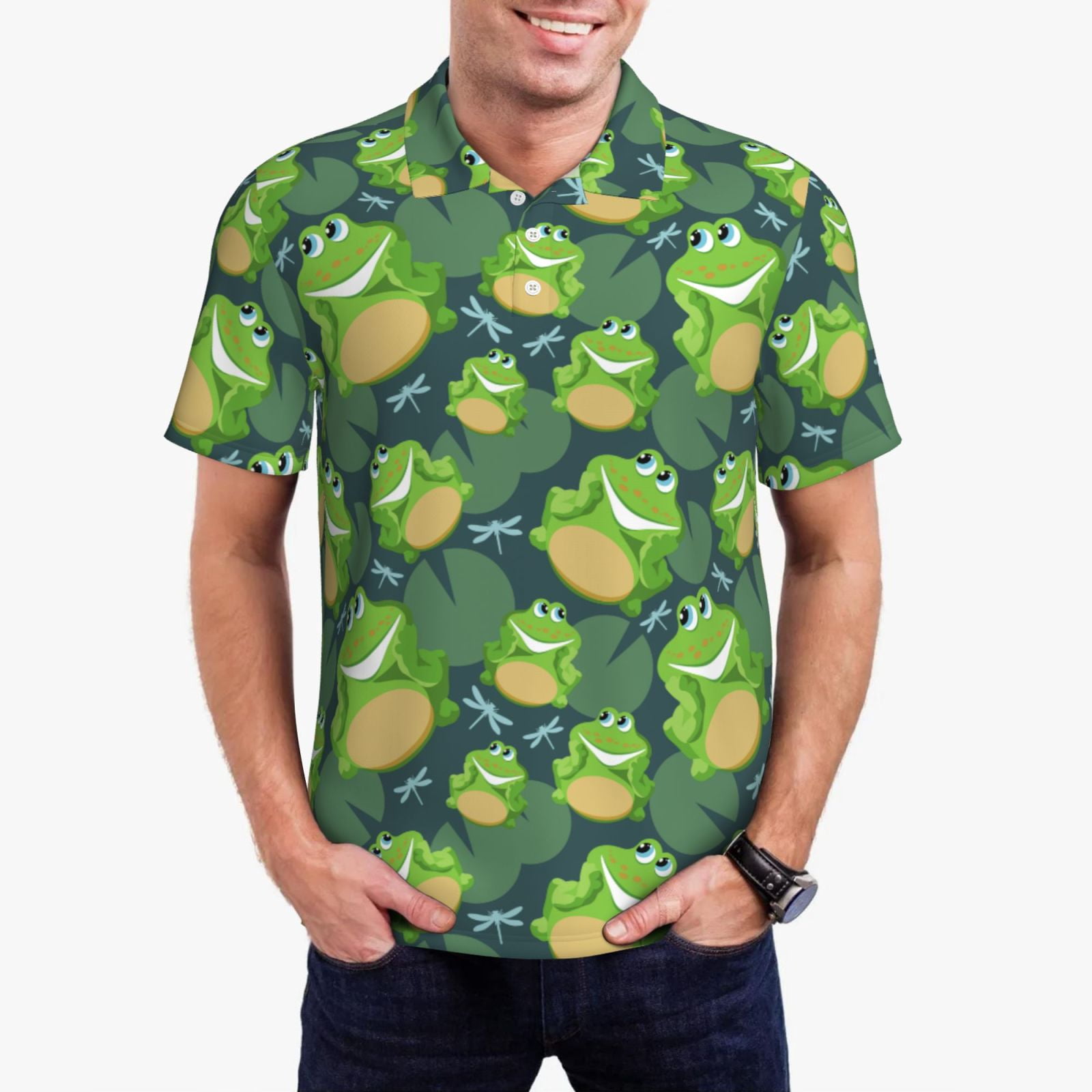 Polo Shirts for Men - frogs dragonfly leaves green cute Soft Comfort ...