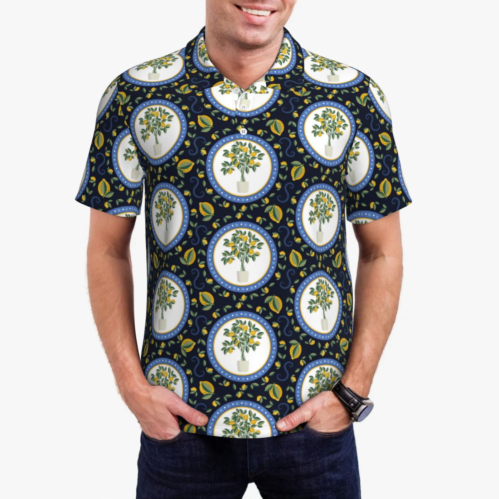 Polo Shirts for Men - lemons Sicilian style navyblue Soft Comfort ...