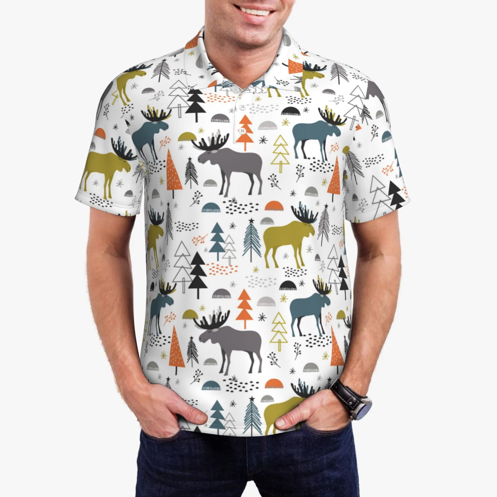Polo Shirts for Men - moose fores trees cartoon Soft Comfort Breathable ...