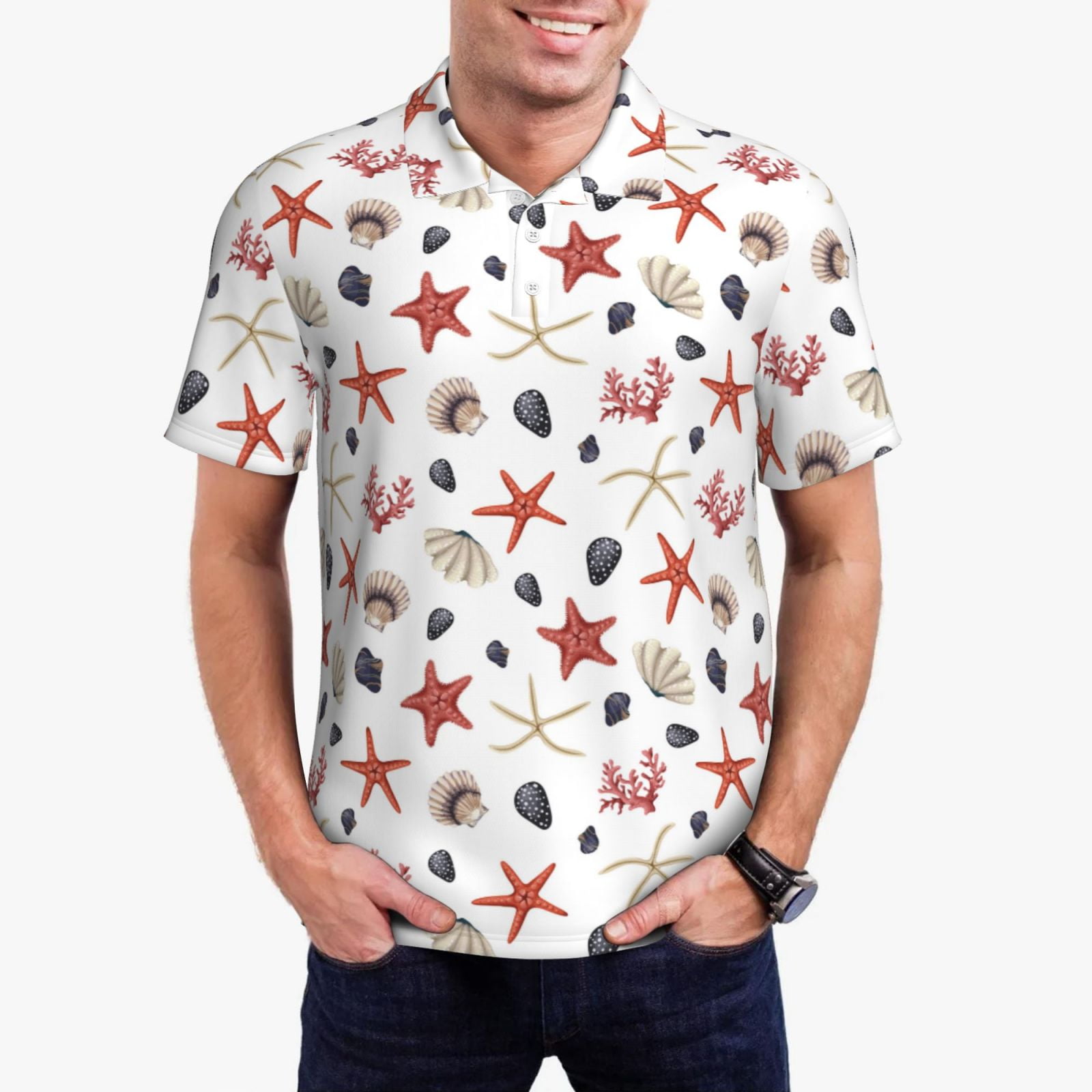 Polo Shirts for Men - red starfishes shells coral Soft Comfort ...