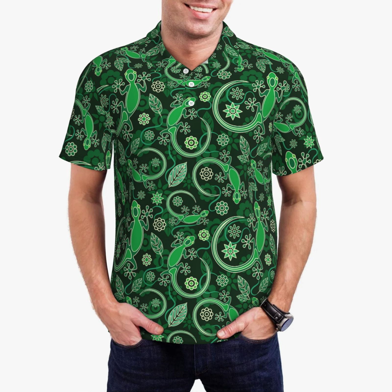 Polo Shirts for Men, Abstract Gecko Lizard Green Cuteness Casual Mens ...