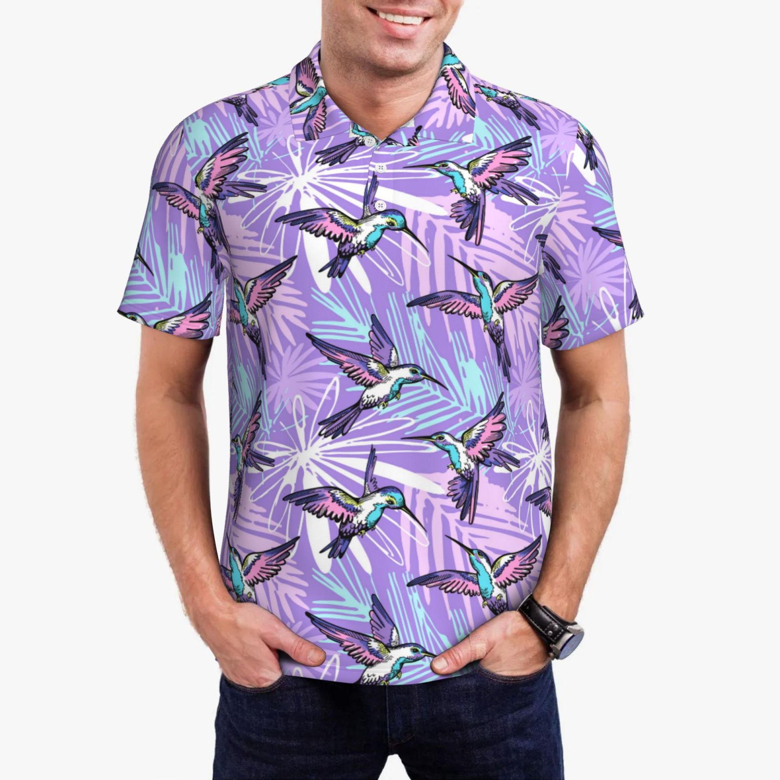 Polo Shirts for Men - Abstract Hummingbird Purple Mens Polo Shirts ...