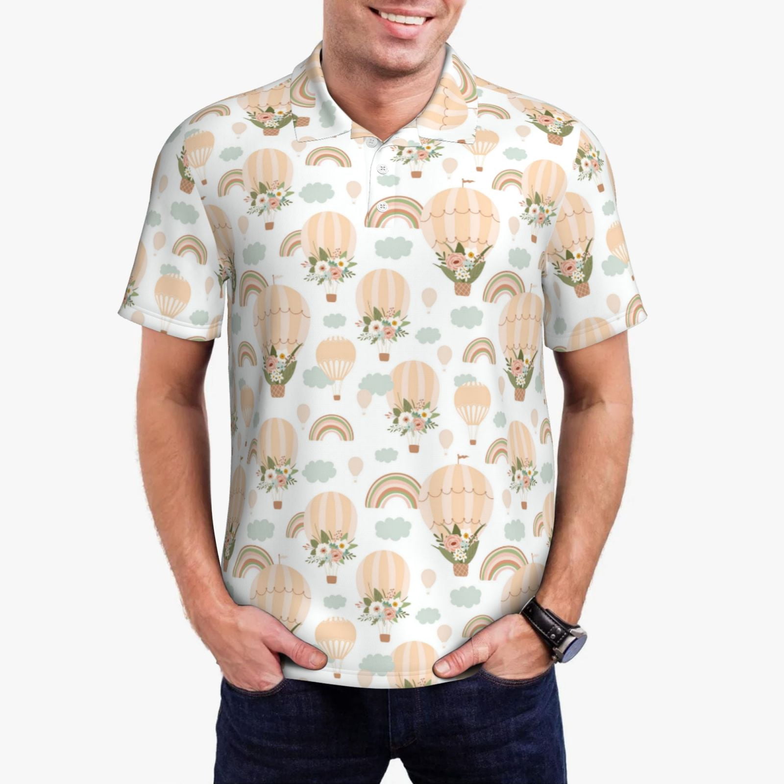 Polo Shirts for Men - Air Balloon and Flower Mens Polo Shirts Short ...
