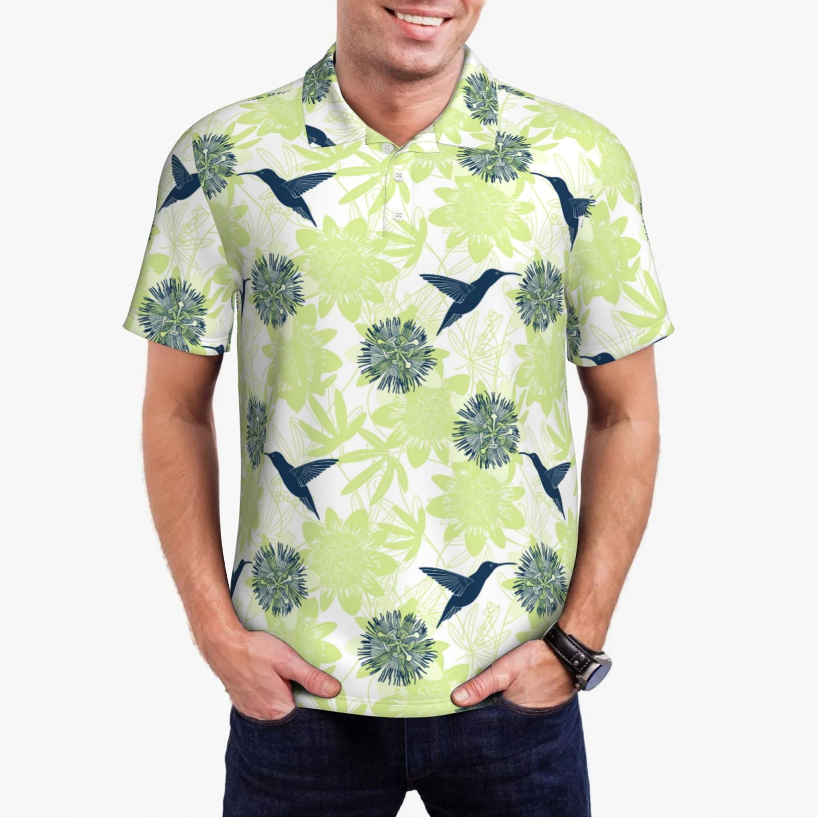 Polo Shirts for Men - Art Deco Hummingbird Mens Polo Shirts Short ...