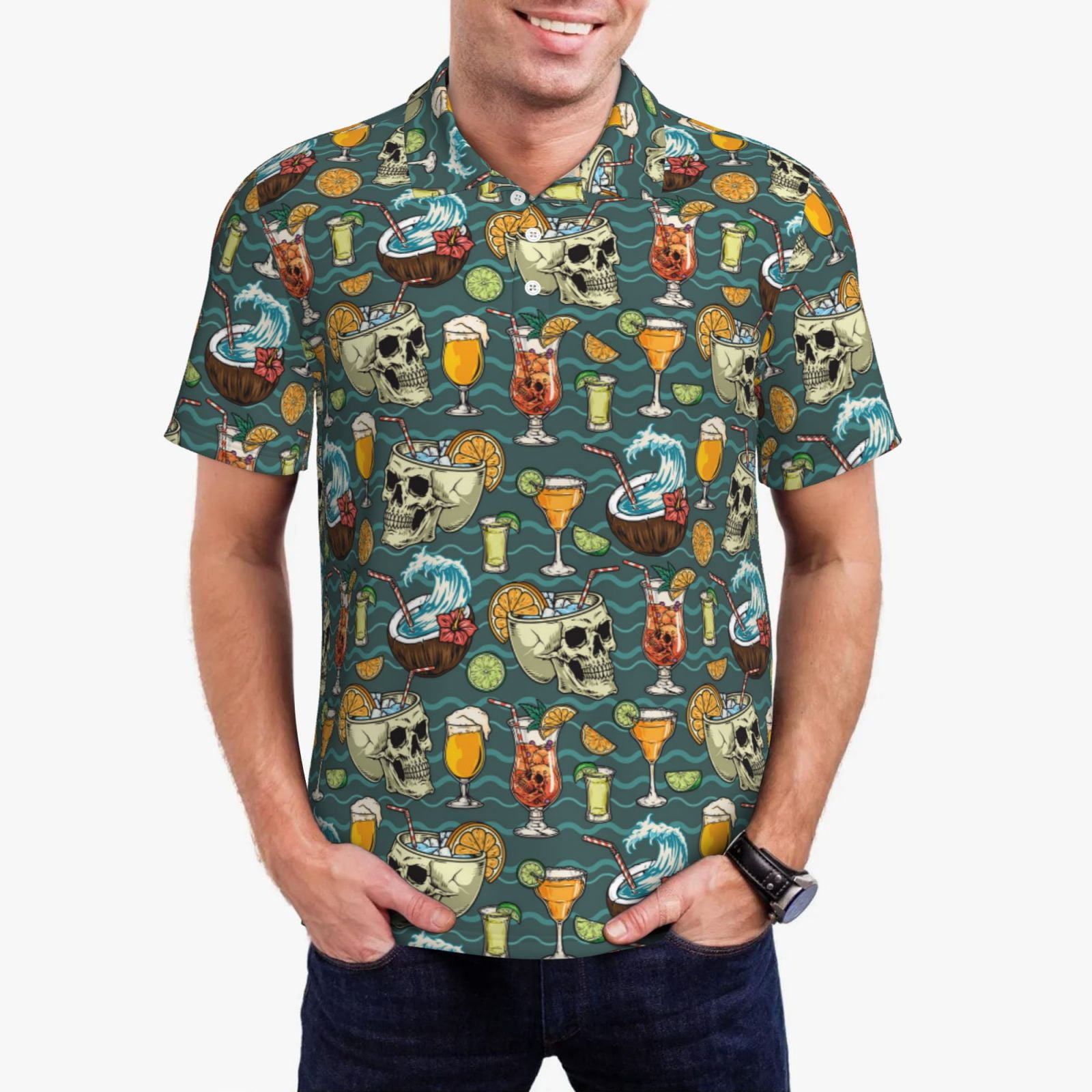 Polo Shirts for Men Artistic Drink Coconut Skull Casual Mens Short ...