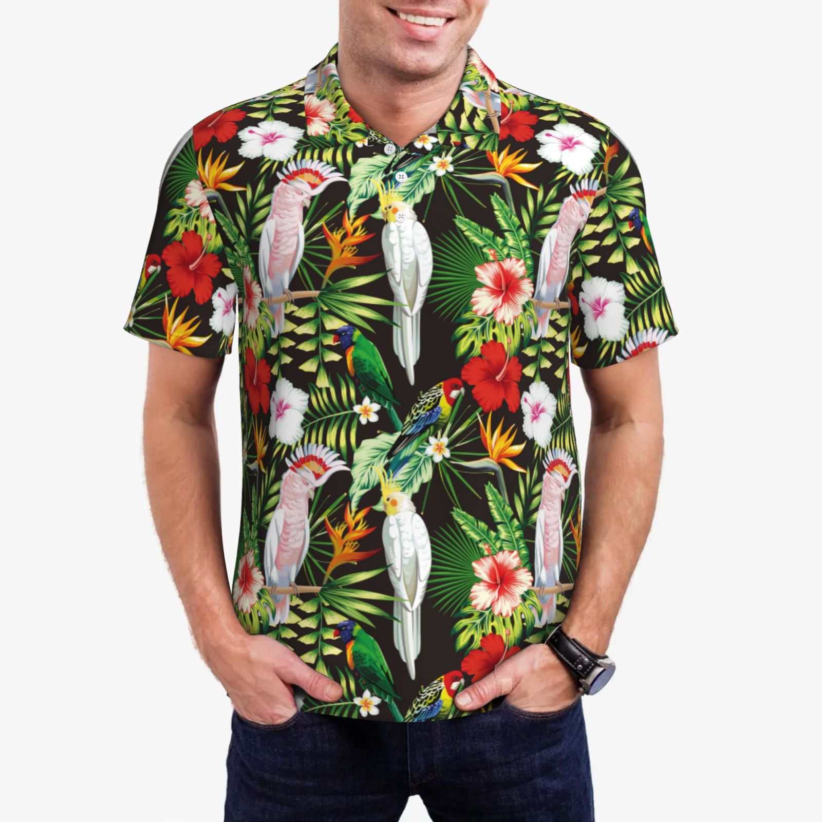 Polo Shirts for Men, Artsy Cute Parrot Palm Leaves Cuteness Casual Mens ...