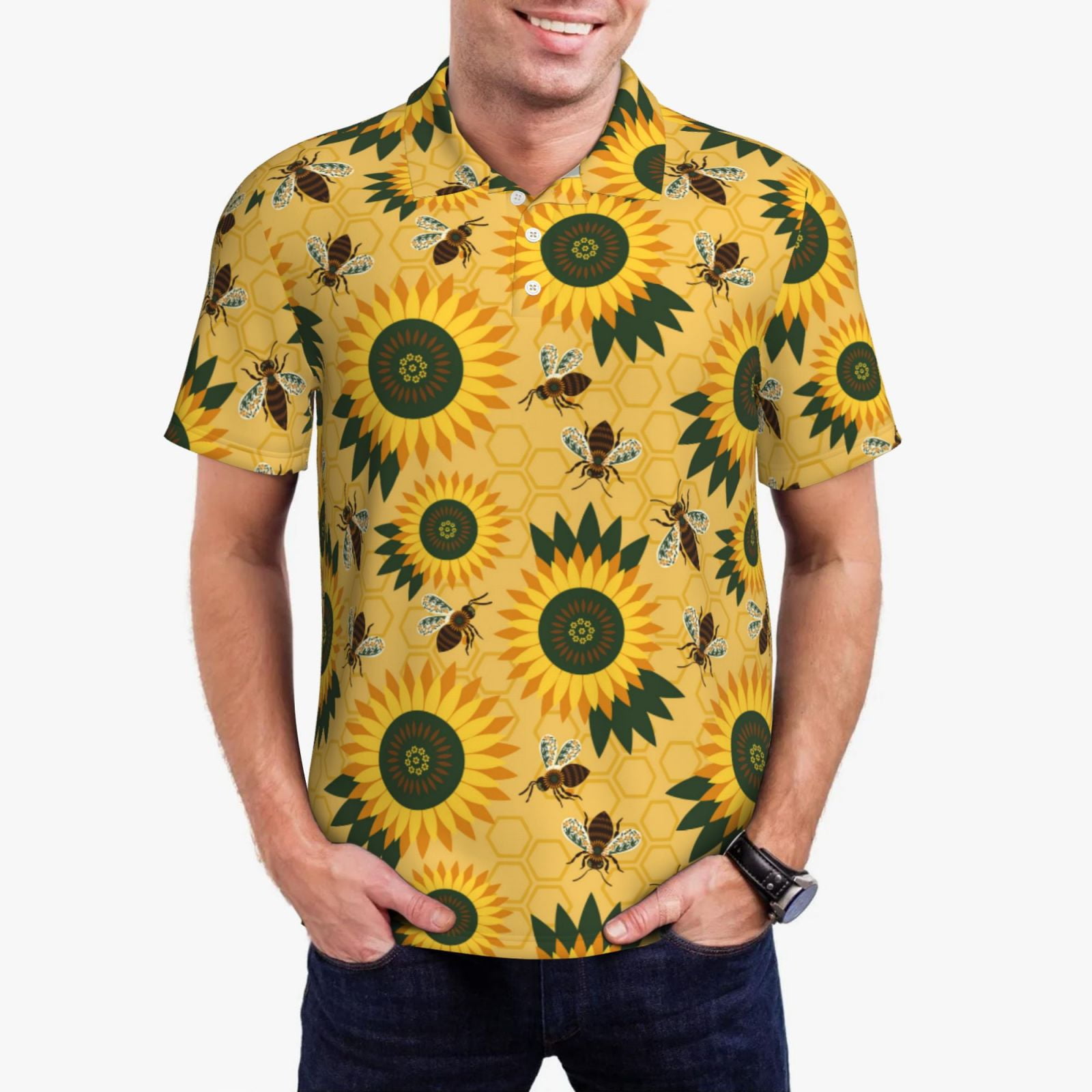 Polo Shirts for Men, Bees and Sunflowers A Soft Casual Mens Polo Shirts ...