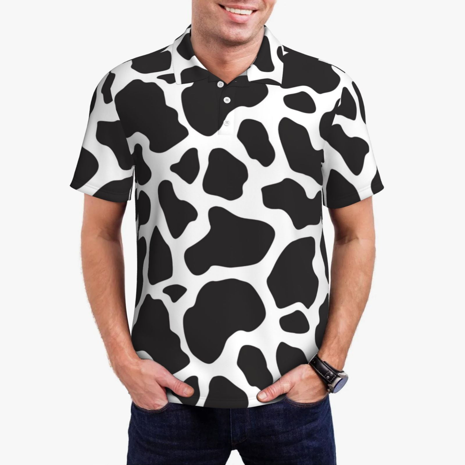 Polo Shirts for Men Black White Cow Print pattern Casual Mens Short ...