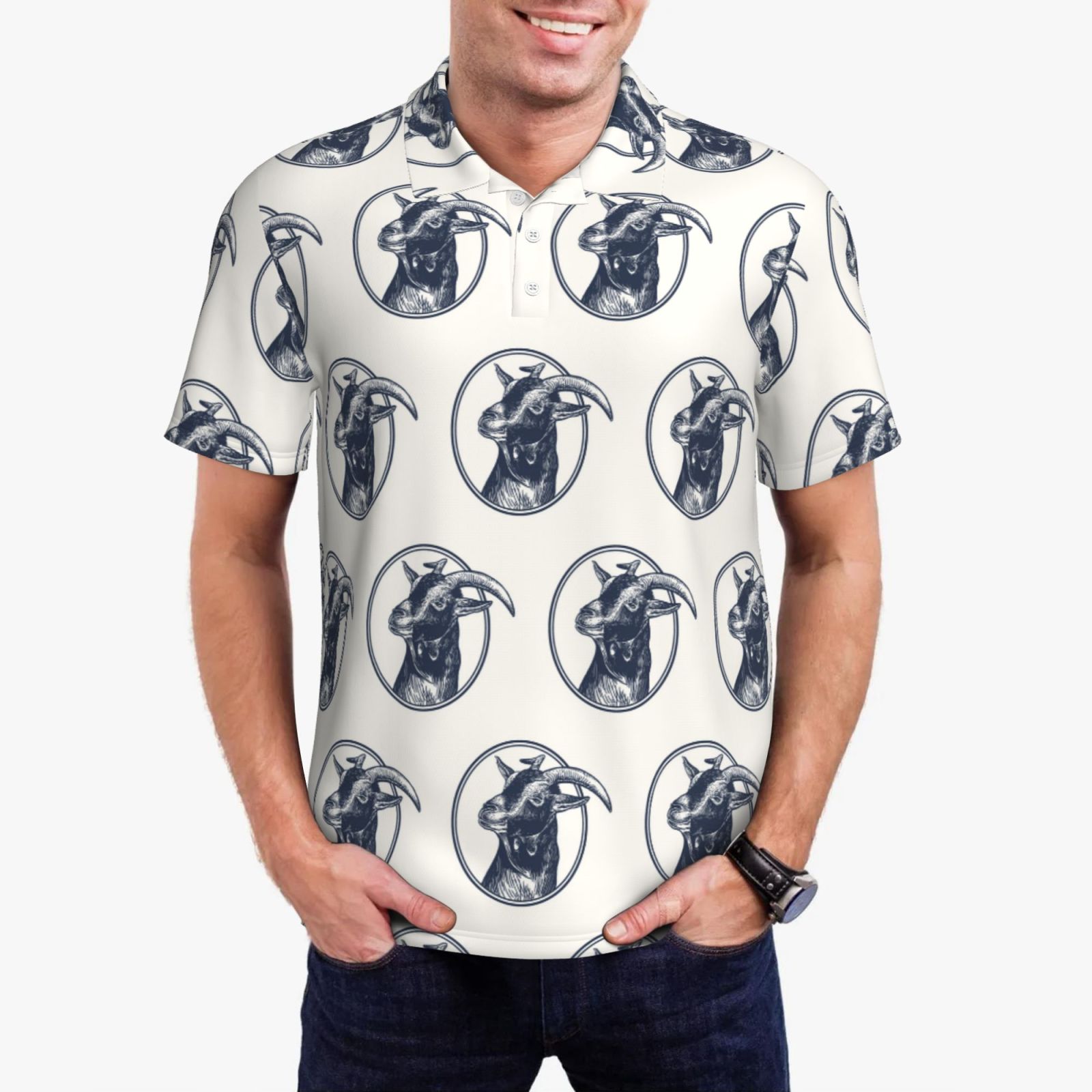 Polo Shirts for Men Black White Hand Drawn Goat Head Casual Mens Short ...