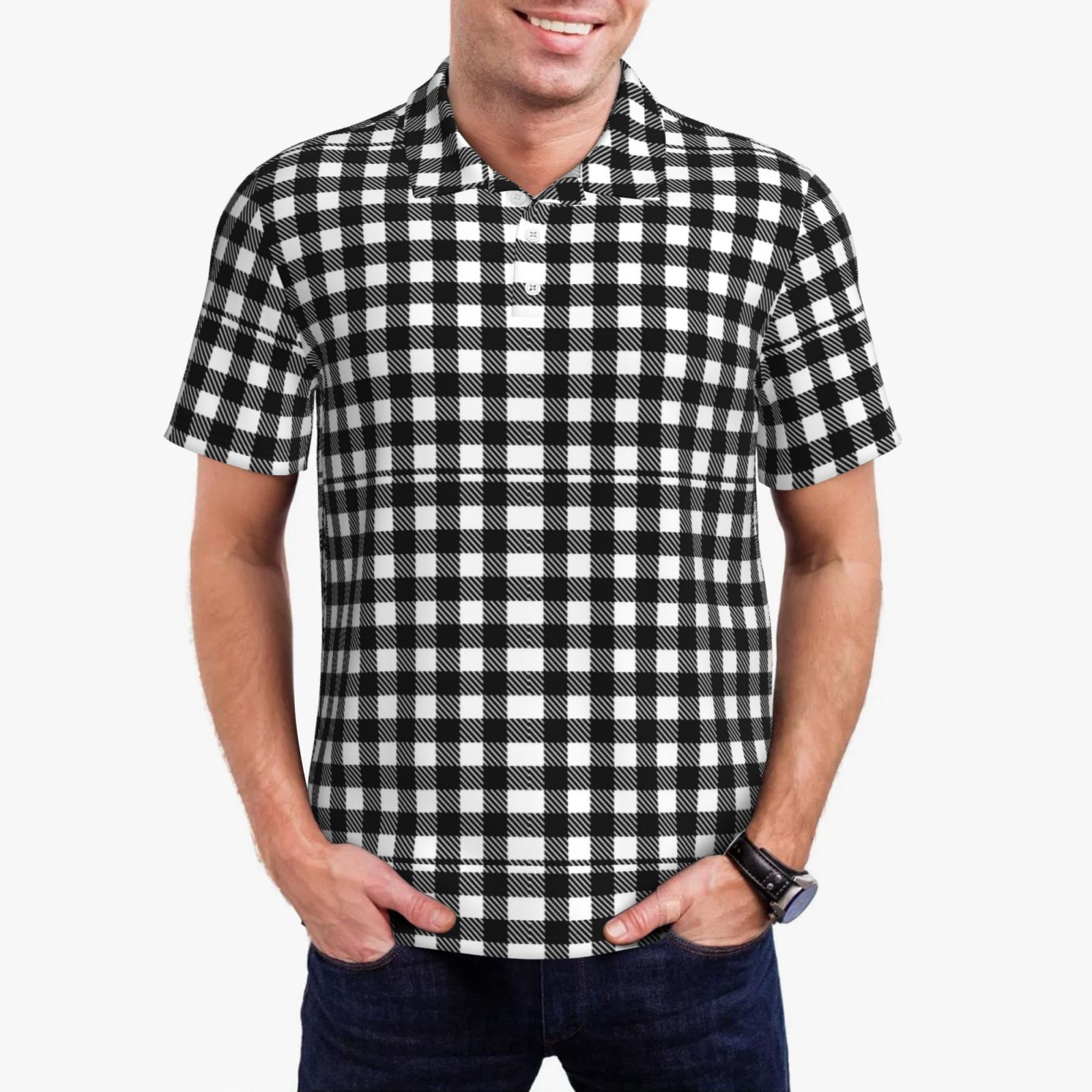Polo Shirts for Men - Black white Buffalo Plaid Mens Polo Shirts Short ...