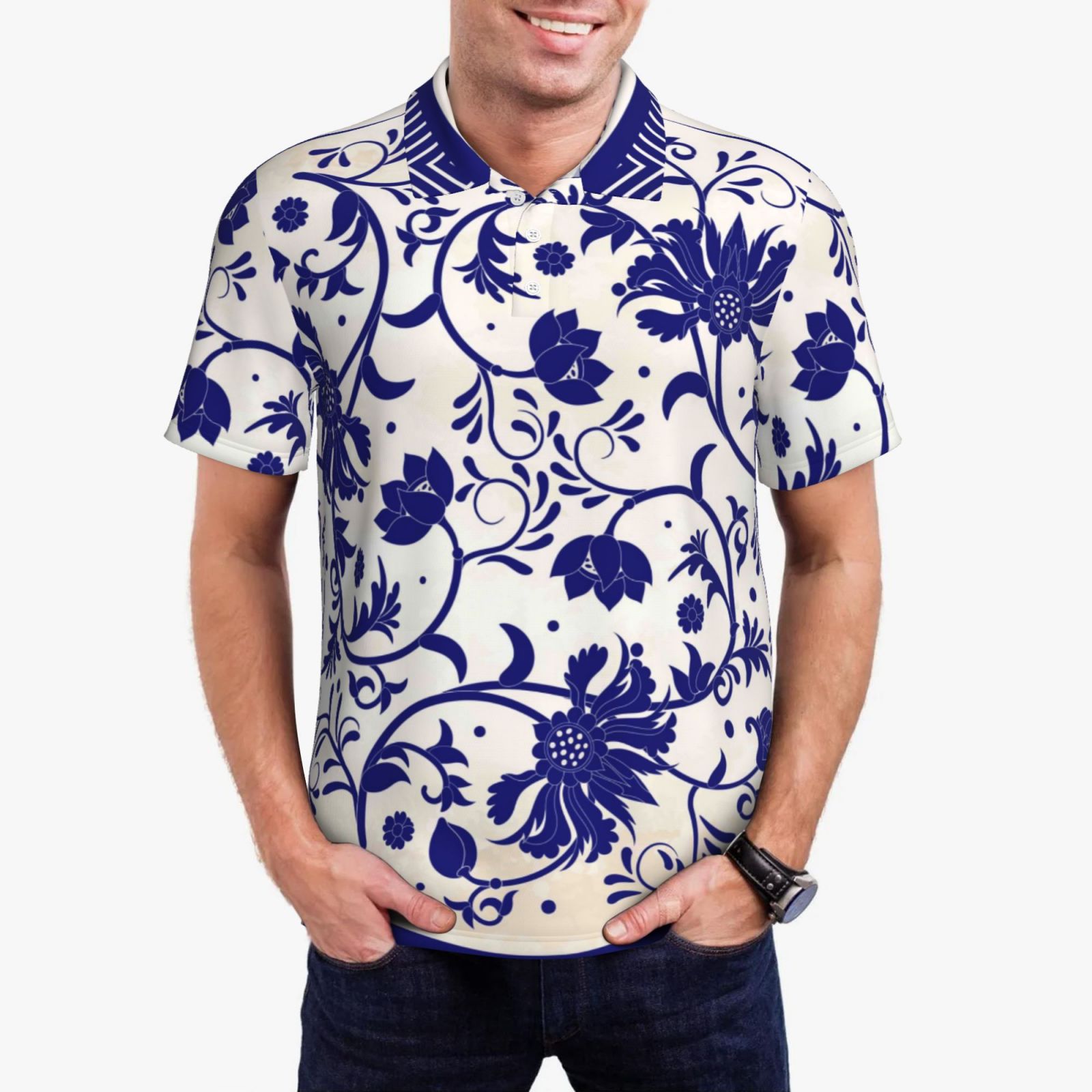 Polo Shirts for Men Blue And White Porcelain Casual Mens Short Sleeve ...