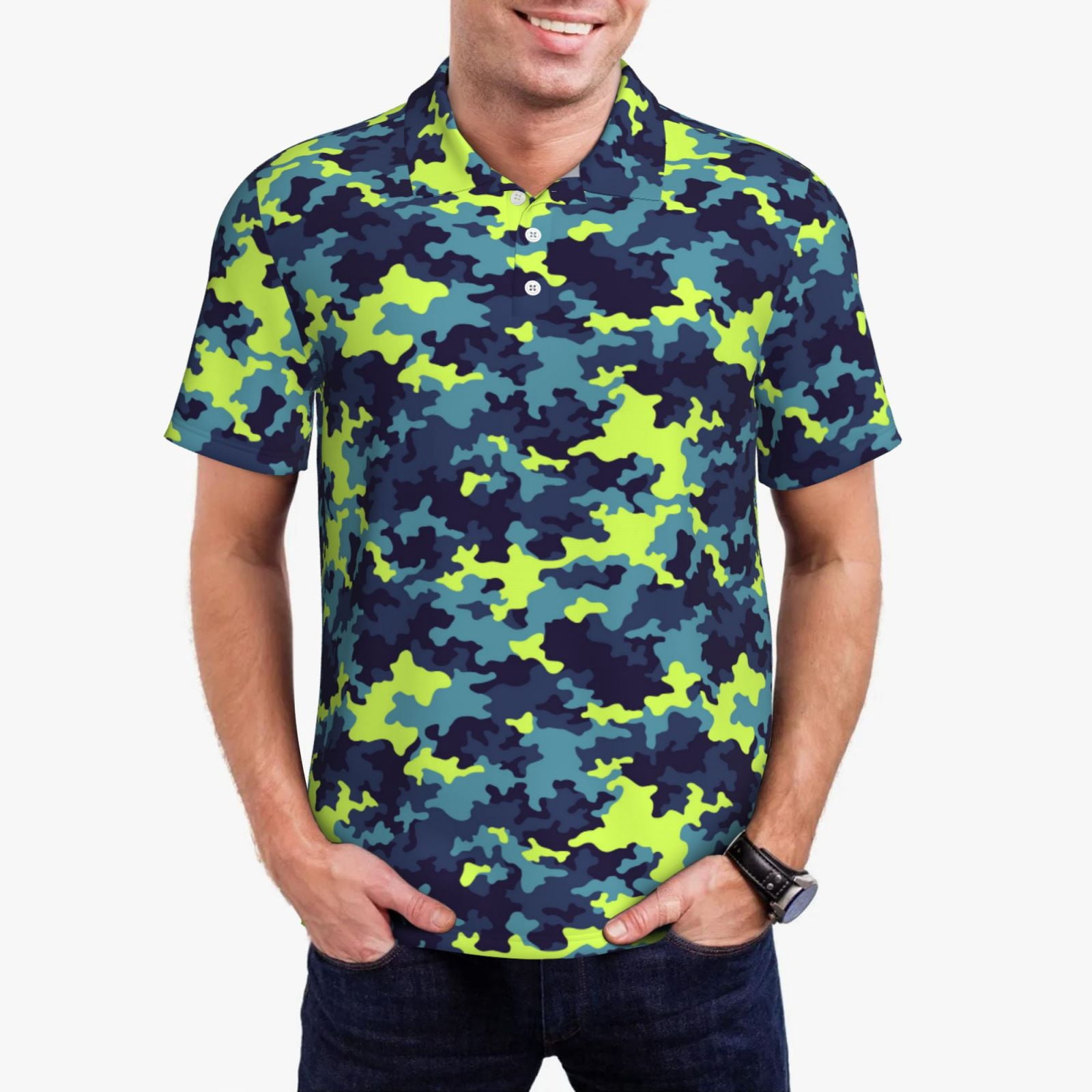 Polo Shirts for Men - Blue Green Camouflage Classic Mens Polo Shirts ...