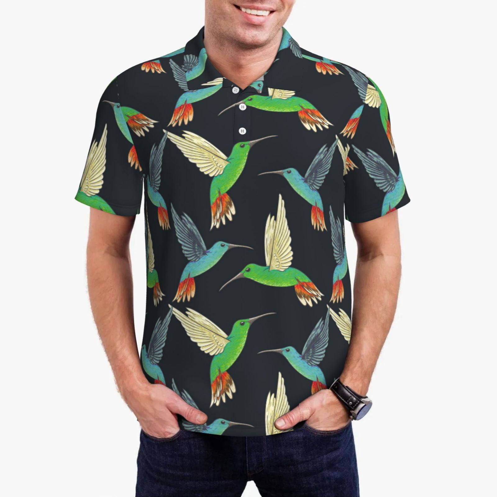 Polo Shirts for Men - Blue Green Hummingbird Mens Polo Shirts Short ...