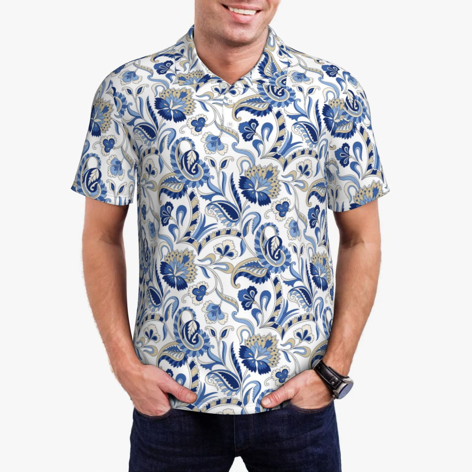 Polo Shirts for Men - Blue Paisley Classic Mens Polo Shirts Casual ...